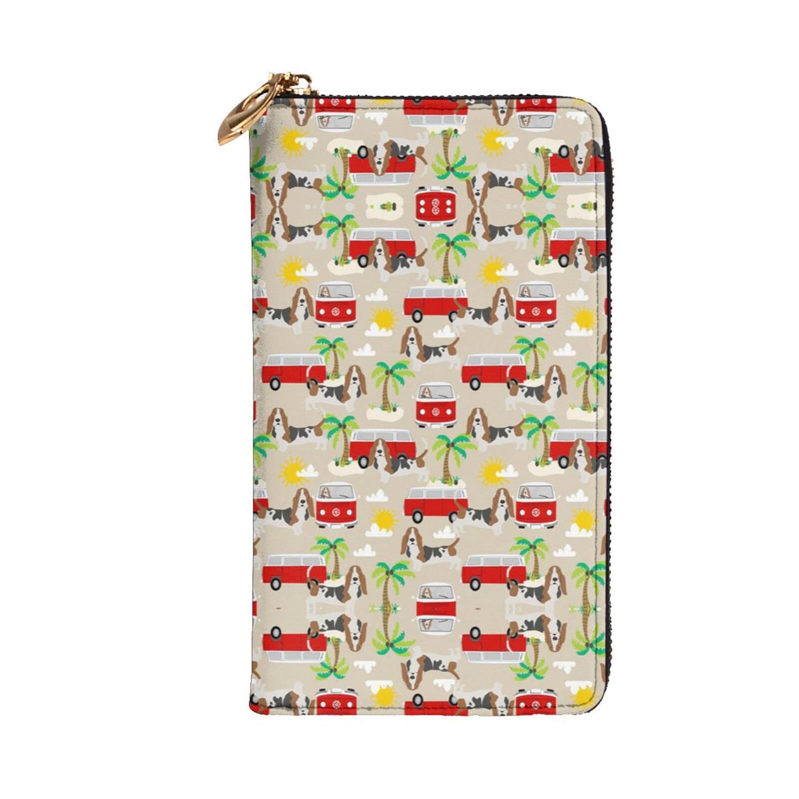 Basset Hound Dog Summer Bus Palm Trees Women'S Leather Long Clutch Wallet :>> 7.48x4.13 Inch Comfortable, Lightweight, Waterproof, Durable.