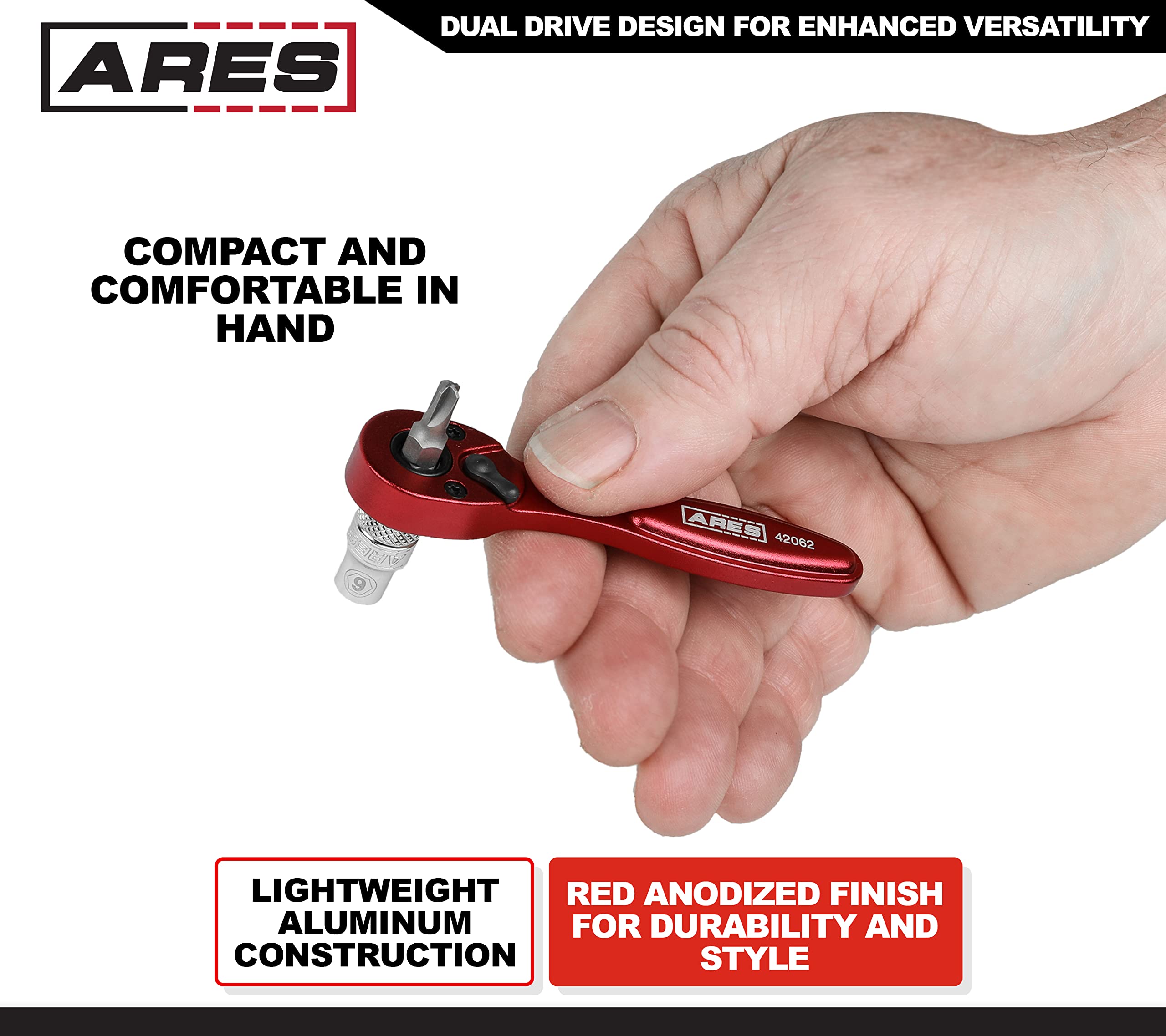 ARES 42062 – Dual Drive 1/4-Inch Drive and 1/4-Inch Bit 72-Tooth Micro Ratchet – 72-Tooth Fine Tooth Gear – Compact Size for Tight Spaces – Fits in Pocket