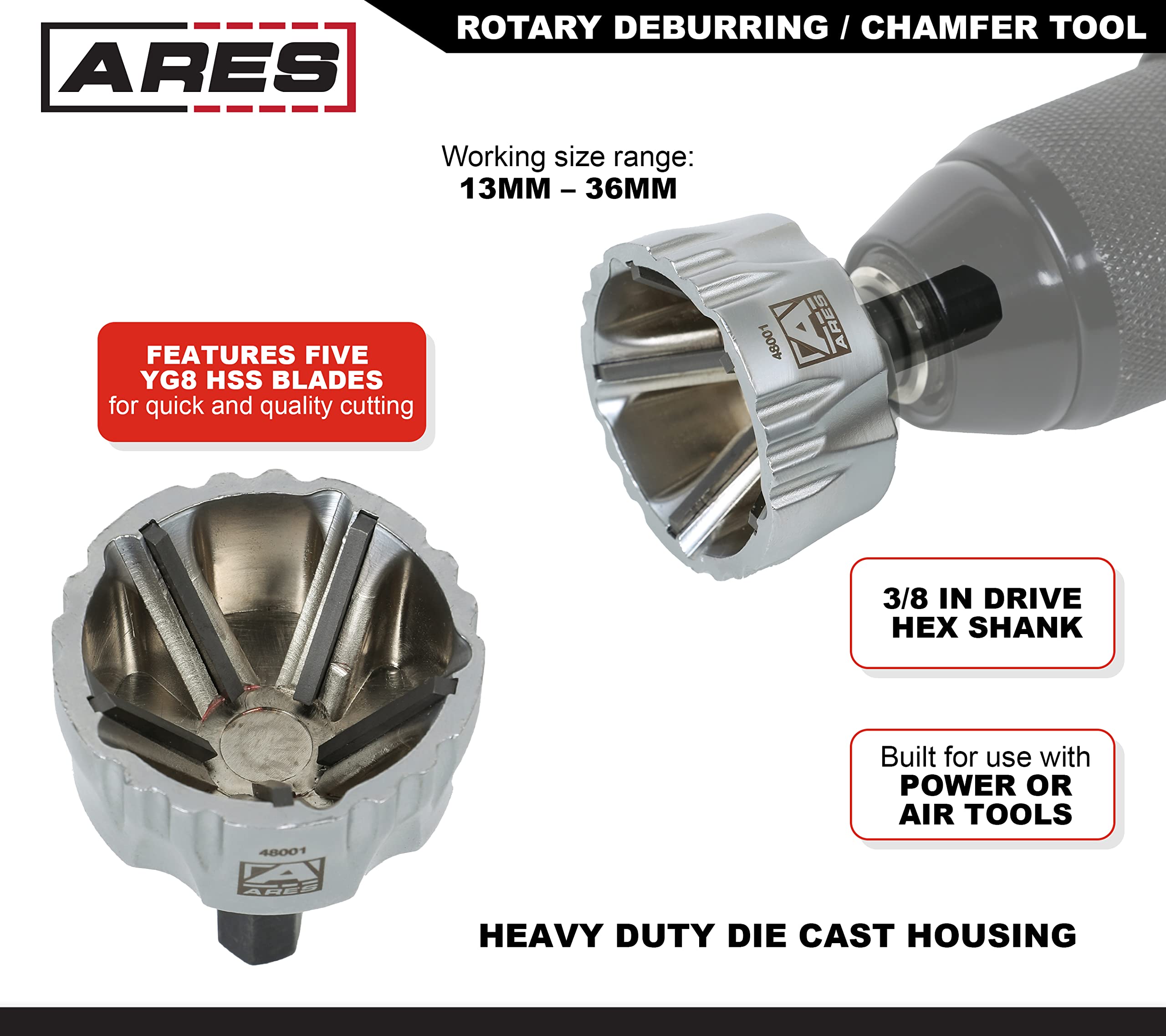 ARES 48001 – External Rotary Deburring & Chamfer Tool (13-36mm) – 3/8-Inch Shank for Use with Drill or Hex Driver - Clean and Repair Threaded Fasteners, Studs, and Bolts