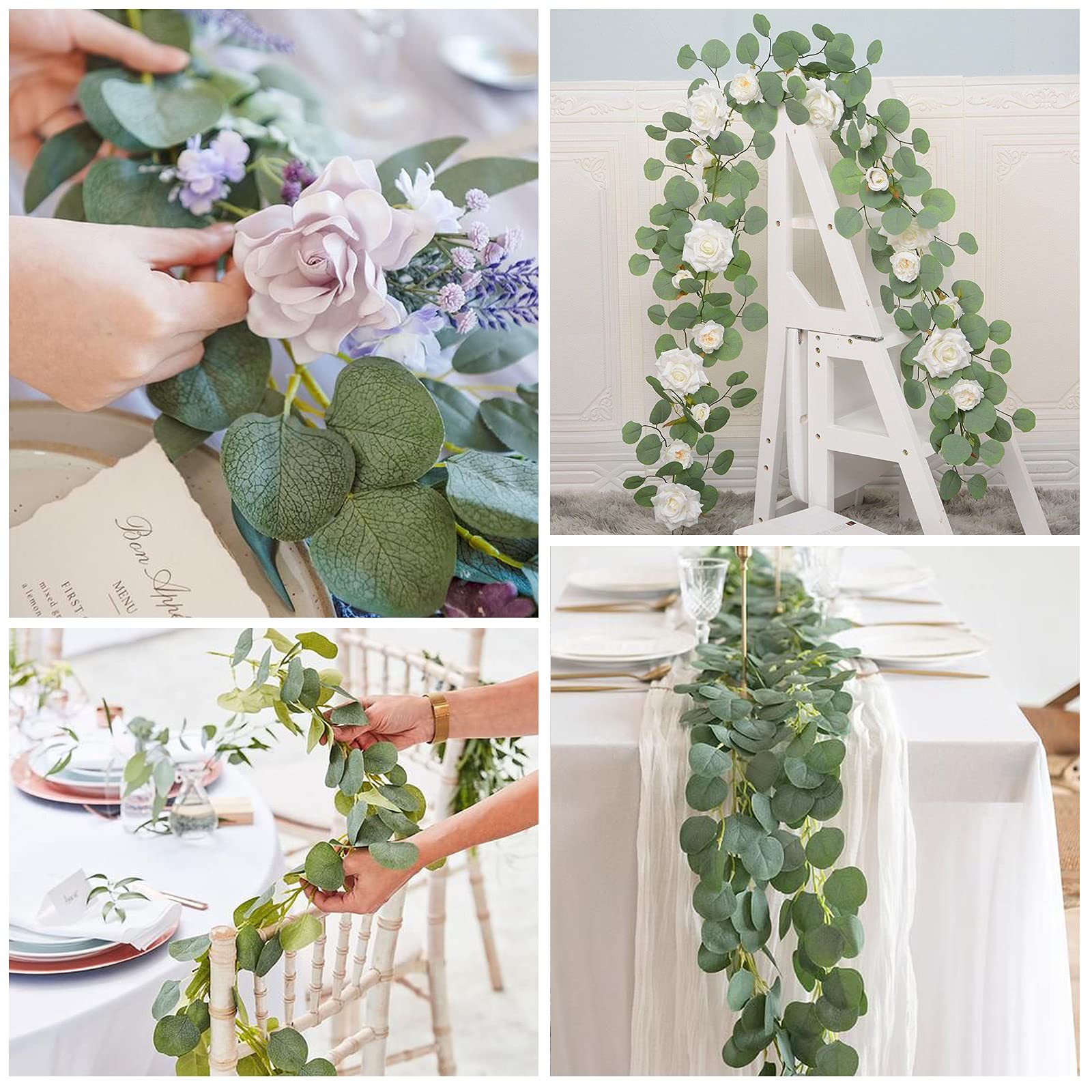 Whonline 8pcs 48ft Artificial Eucalyptus Garland, Silver Dollar Eucalyptus Leaves Vine, Faux Greenery Garland Bulk for Wedding Garland, Centerpieces for Tables, Home Decor, Arch Wall Decoration