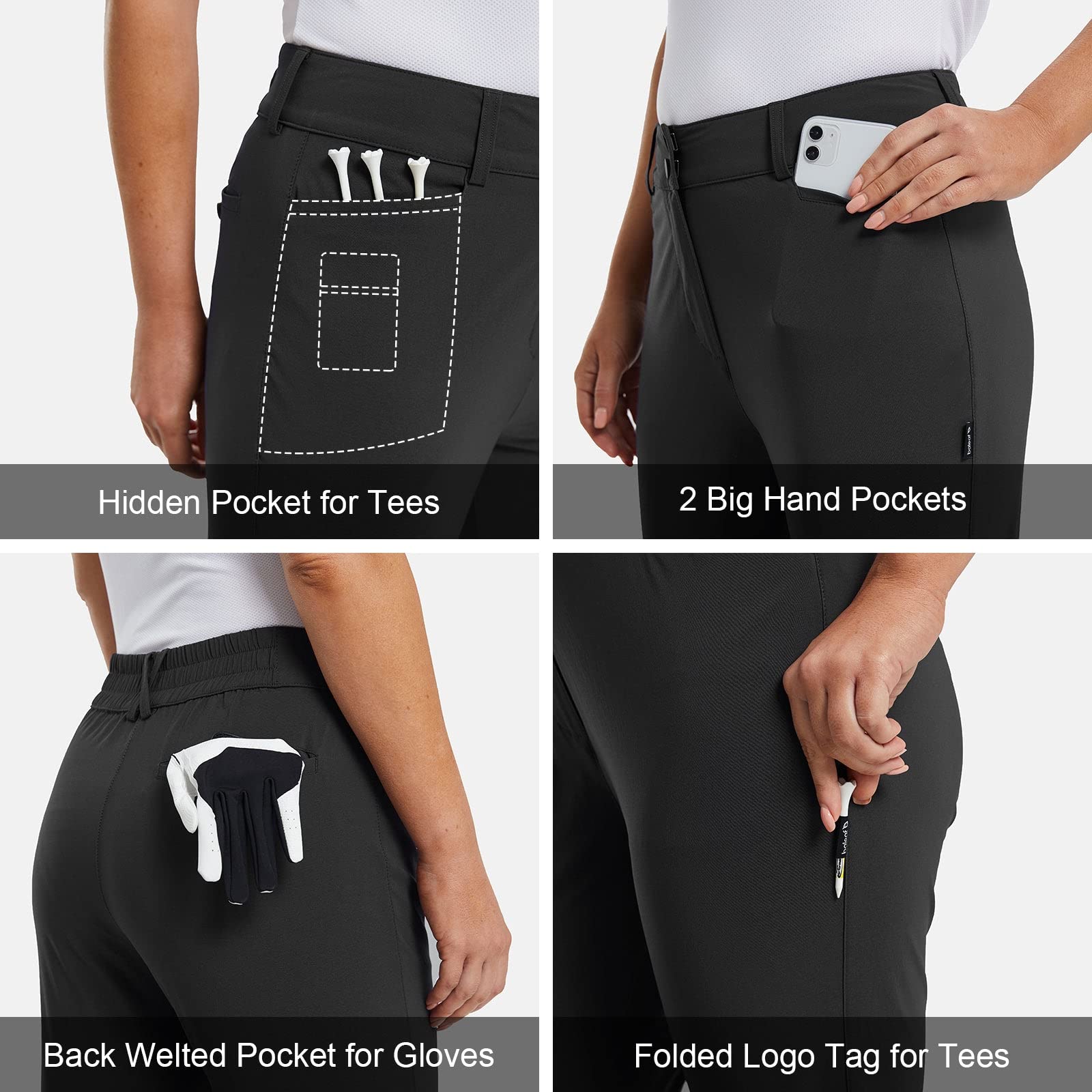 BALEAF Womens Golf Pants with Pockets Stretch Slim High Waist Quick Dry Lightweight Plus Size Golf Womens Apparel Black M