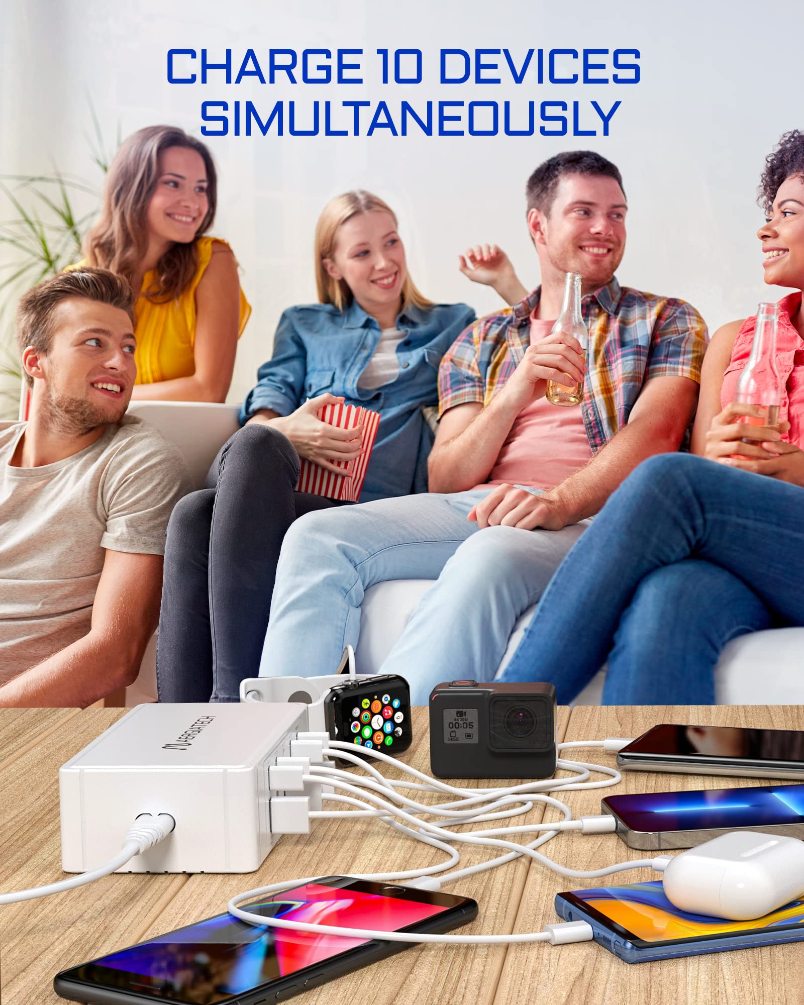 Aergiatech USB C Charger Station, 10-Port 100W Charging Hub with PD3.0 and QC3.0 Fast Charging for Multiple Devices, Compatible with iPhone 15/Pro/14/13, iPad Air/Pro, Galaxy -White