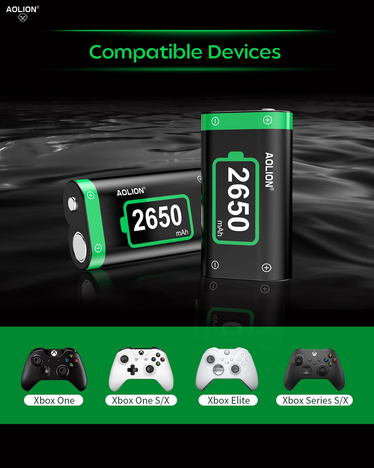 AOLION Charger for Xbox Controller Battery Pack, 2X2650 mAh High Capacity Xbox Rechargeable Battery Pack with Fast Charger Station, Led Indicator, Protective Shell for Xbox One/S/X/Elite/Series X/S