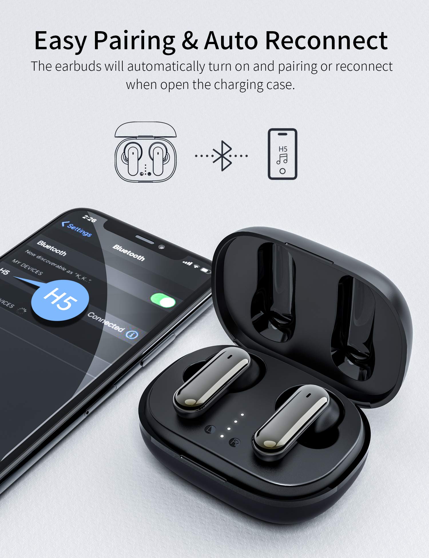 AVWOO Wireless Earbuds, 【Upgraded】 Bluetooth Earbuds with Charging Case, Touch Control/HiFi Sound/Sweatproof/Type-C Quick Charge, True Wireless Earphones for Sports/Travel (H5-R) (H5-New)