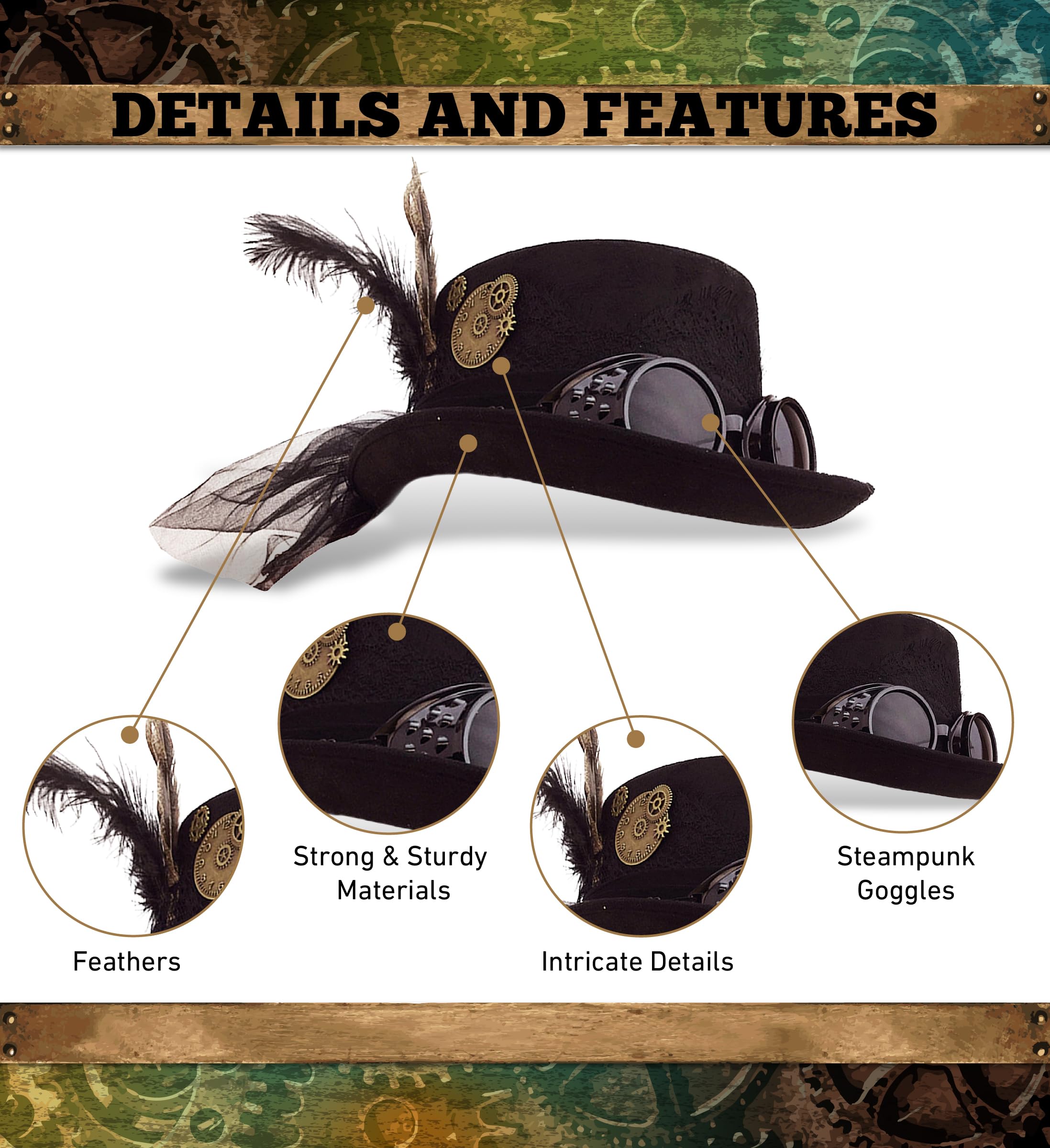 Attitude Studio Fedora Steampunk Hat with Goggles, Feathers, and Gears - Black