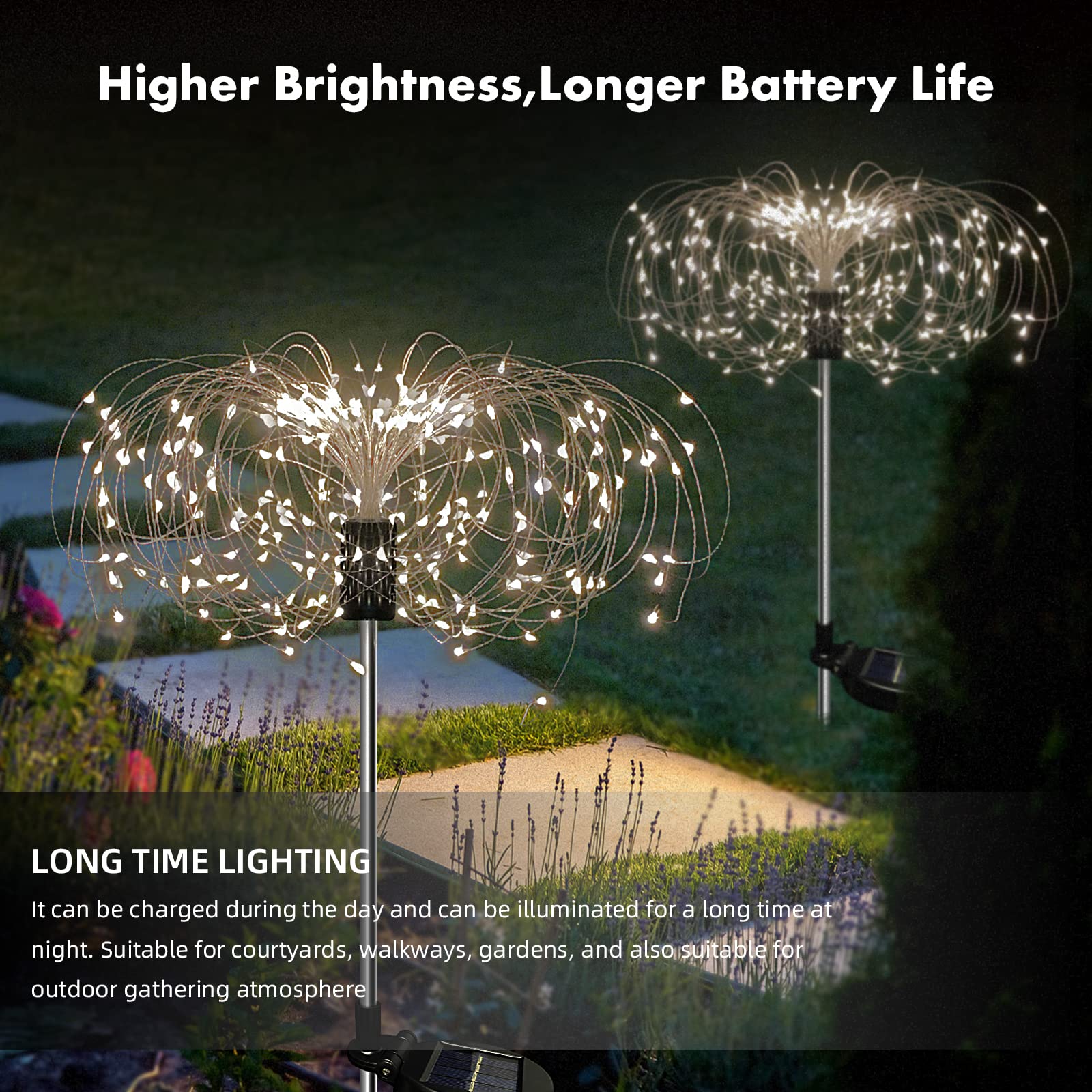 HFLYJPYW Solar Garden Lights Solar Fireworks Lights 150 Lights 2 Pack Solar String Lights with 2 Lighting Modes Garden, Terrace, Courtyard, Flower Bed, Party (Warm White) (Warm White)