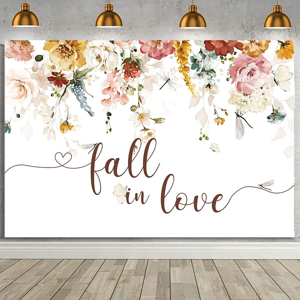 AIBIIN Fall in Love Backdrop Autumn Wedding Background Banner for Bridal Shower Party Decorations Colourful Floral Marry Anniversary Cake Table Banner Photo Booth Props 7x5ft