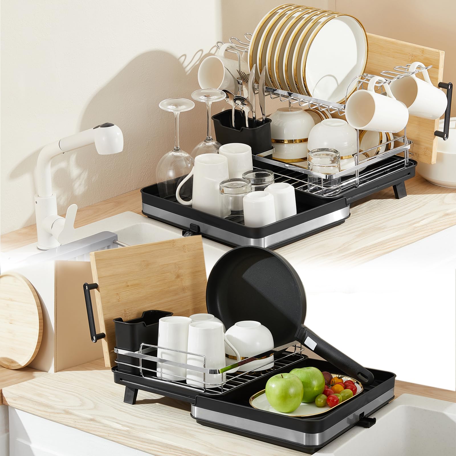 ALICESGARDEN Dish Drying Rack, 2 Tier Dish Rack, Expandable Bottom Dish Racks for Kitchen Counter with Utensil Holder Cutting Board Holder,Rust-Proof Stainless Steel Drying Rack for Kitchen Sink