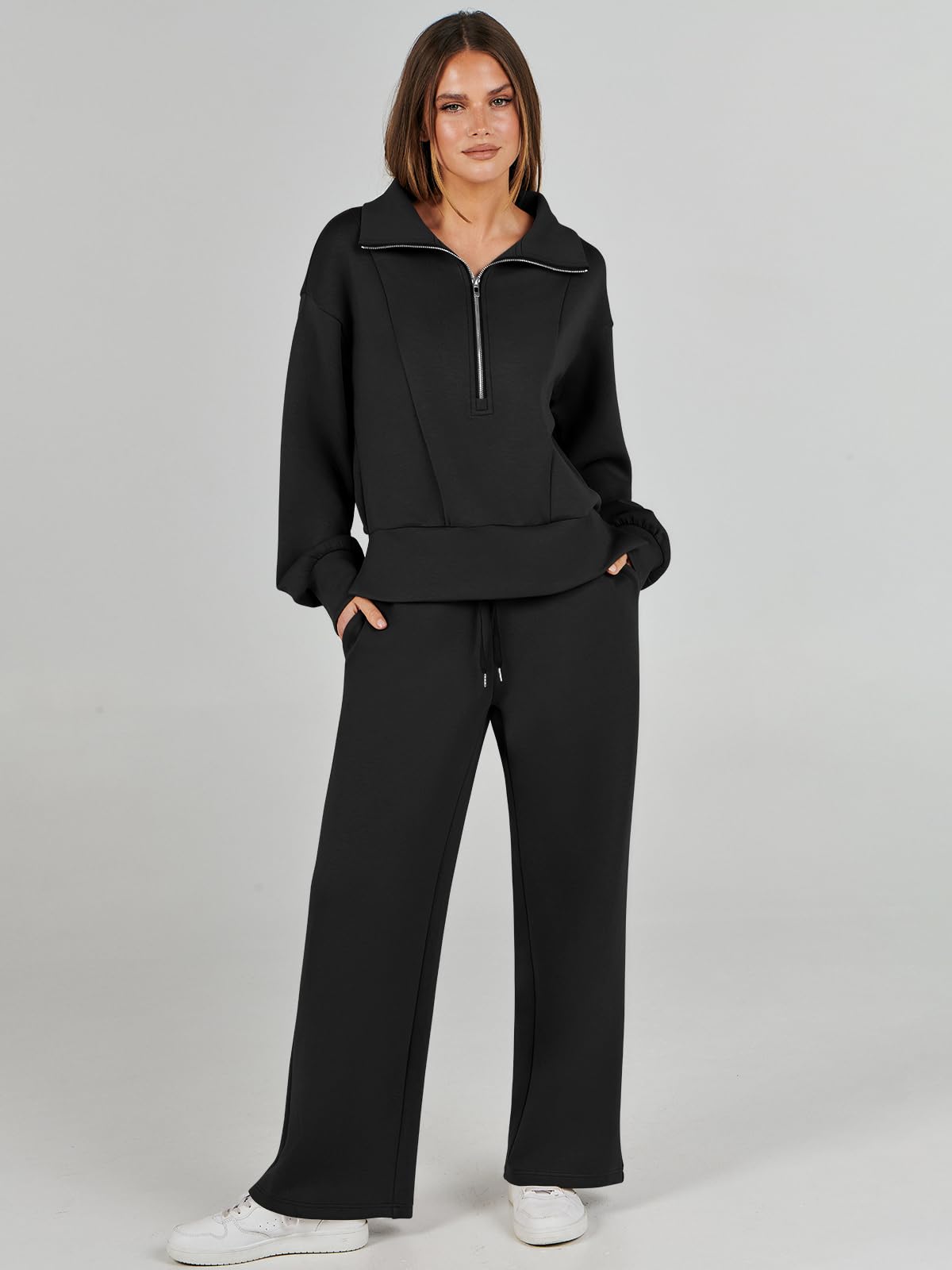ANRABESS Womens Two Piece Outfits 2024 Fall Sweatsuit Set Half Zip Cropped Sweatshirt Wide Leg Sweatpant Lounge Set Black Medium