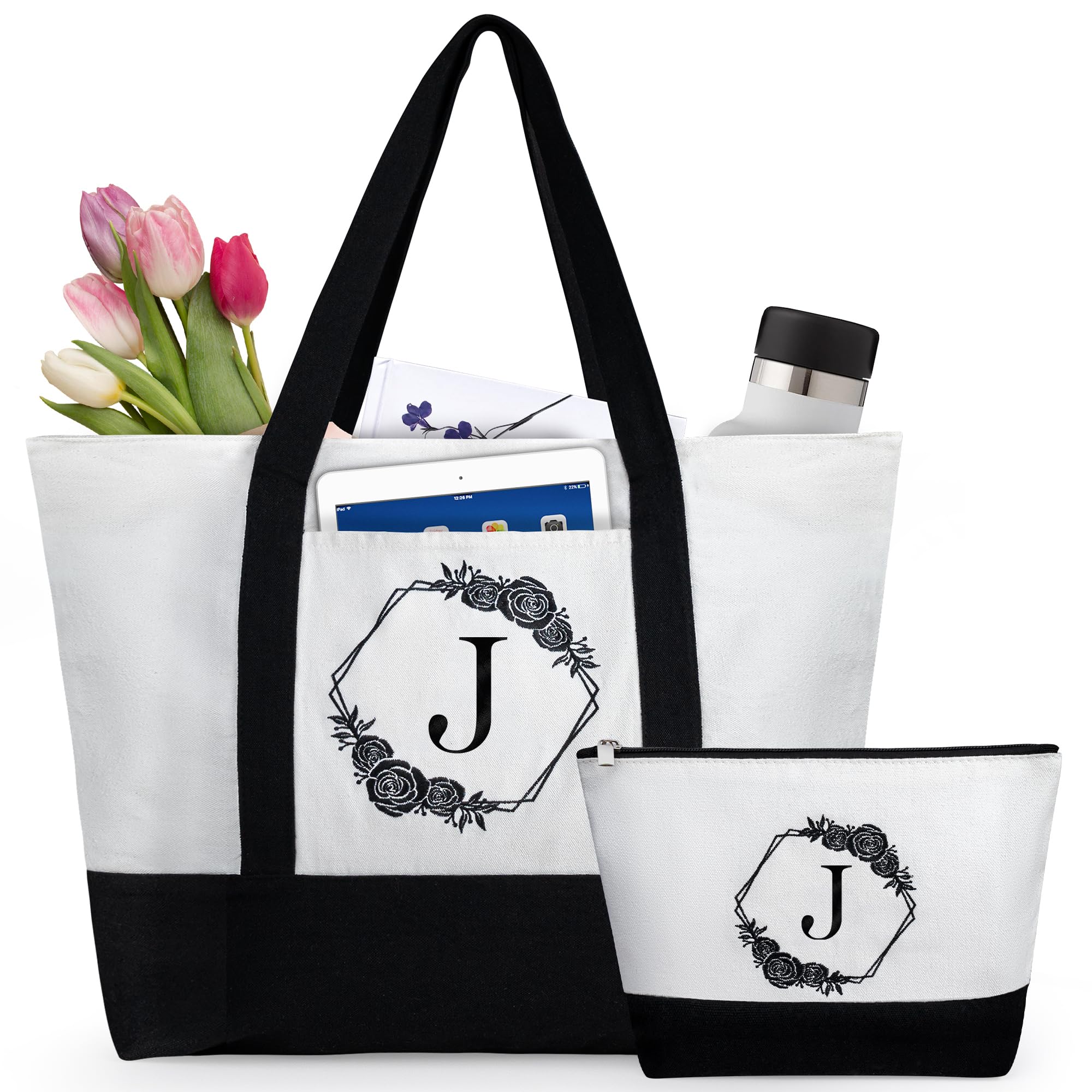 AUNOOL Gifts for Women - Personalized Tote Bags and Makeup Bag, Womens Beach Bag with Zipper Pocket, Wedding Bridesmaid Gifts, Reusable Grocery Bags for Work Holiday Shopping Picnic Travel Letter J