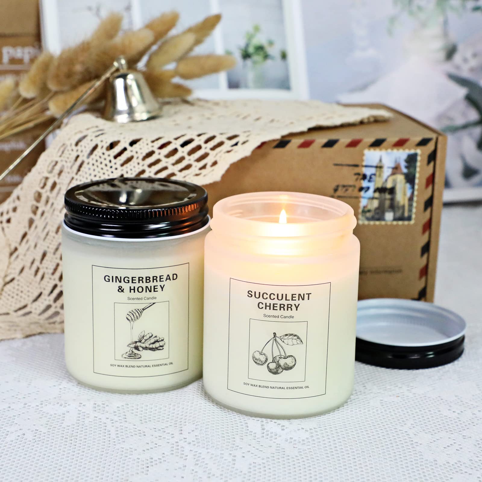 Gingerbread and Black Cherry Scented Candles Set, 2 Pack 7.2 oz Soy Candles for Home Scented, Aromatherapy Candle Set with Strongly Fragrance, Gifts for Women, Mom, Valentines Day Gifts
