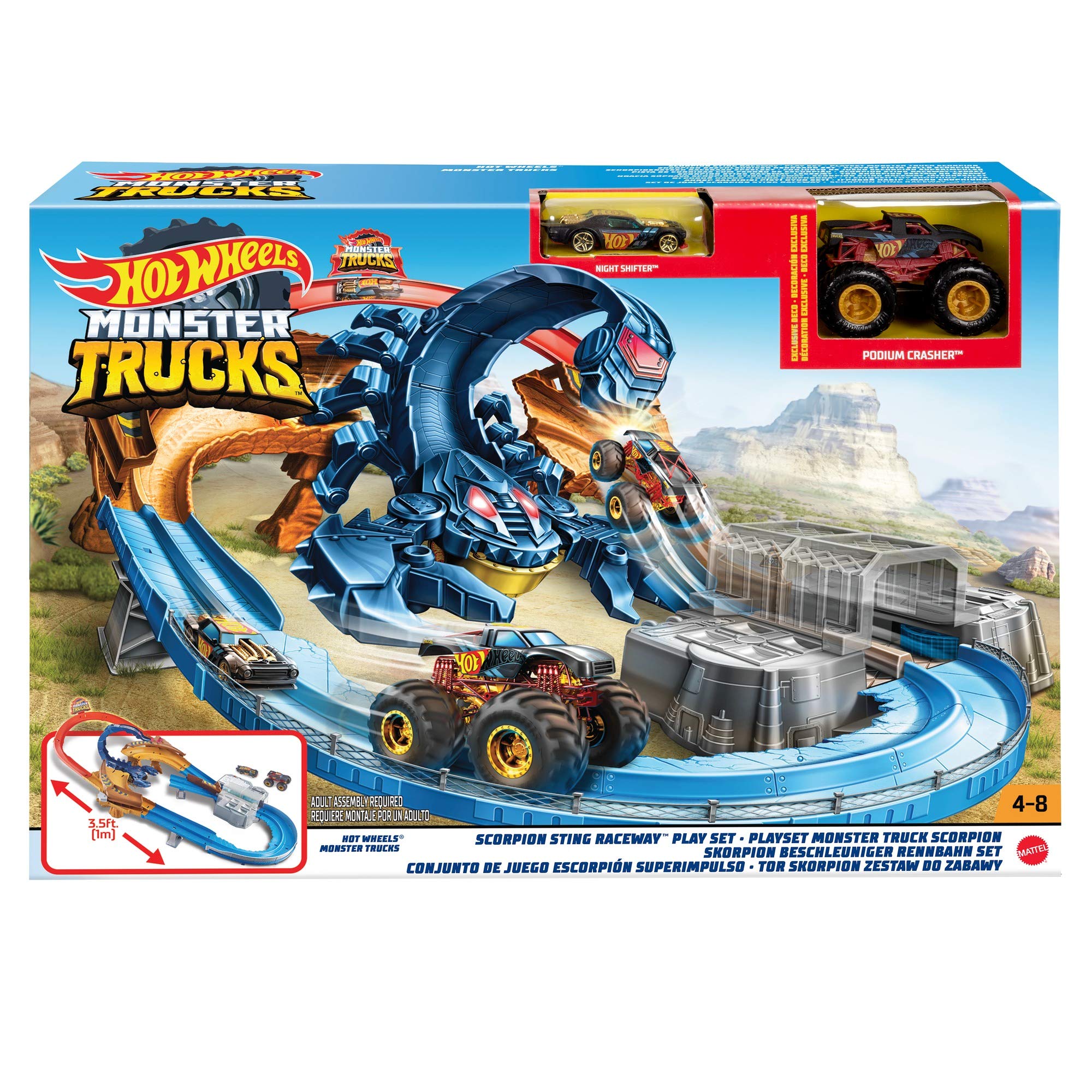 Hot Wheels Monster Trucks Scorpion Sting Raceway 3.5 feet Motorized Track Set with Giant Scorpion, 1:16 scale Monster Truck Podium Crasher & 1 Hot Wheels 1:64 Scale Night Shifter Model