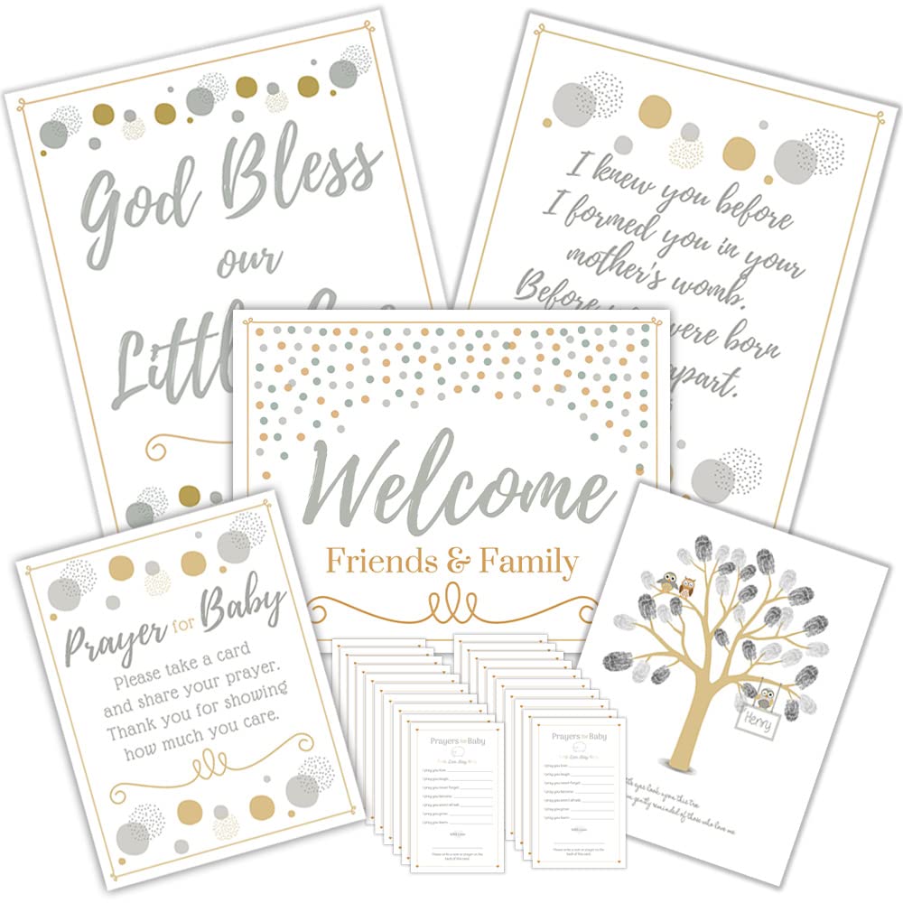 Baptism Decorations for Baby Boys and Girls,Includes 3 Faith-Based Decorative Posters, Thumbprint Tree Wall-Art Keepsake, 20 Prayer Cards, Baby's First Birthday, or Any Religious Event Extra Special