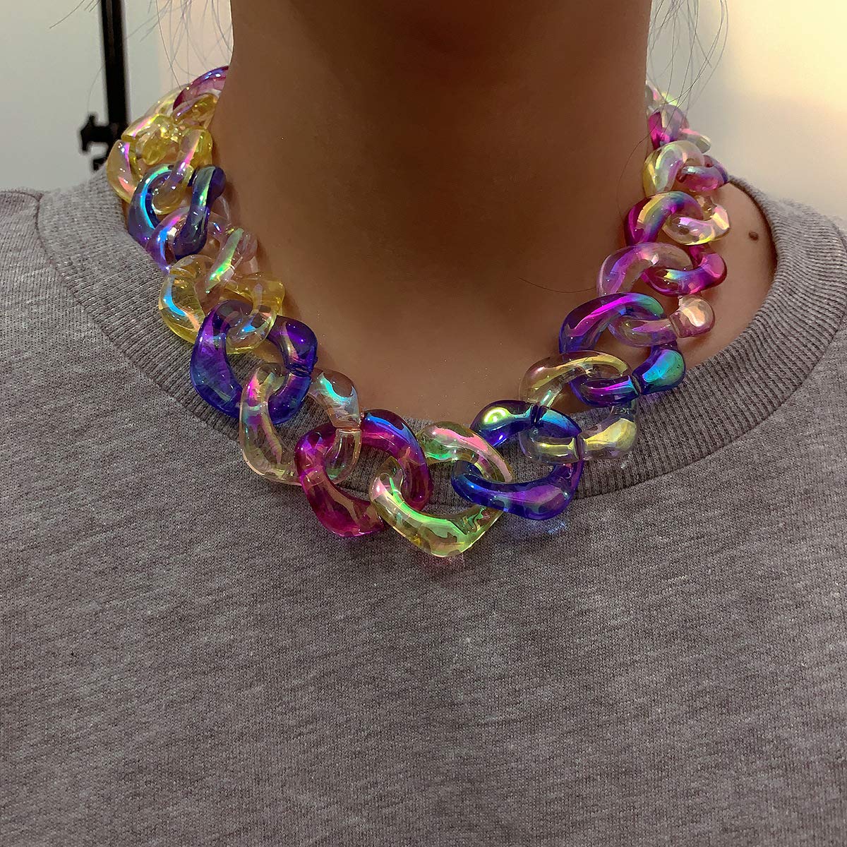 Asphire Punk Colorful Acrylic Cuban Link Chain Choker Necklace Chunky Chain Link Statement Necklace Boho Fashion Collar Necklace Jewelry Gift for Women Teens Girls, Multi-colored