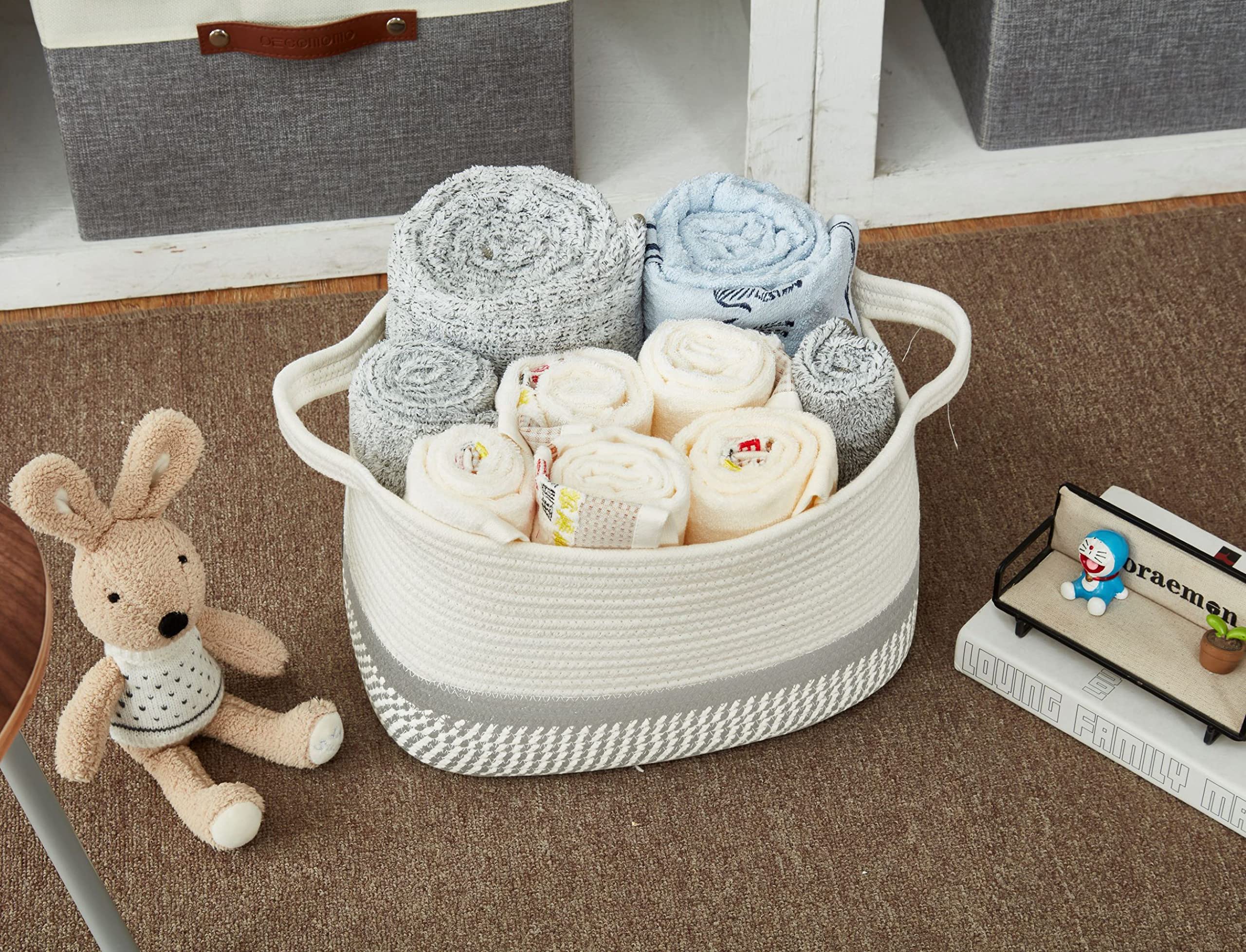 DECOMOMO Woven Baskets for Storage | Large Decorative Cotton Rope Basket for Organizing Baby Toy Book Nursery Kids Laundry Organizer 15" x 11" x 10" (Grey, Large – Set of 3)