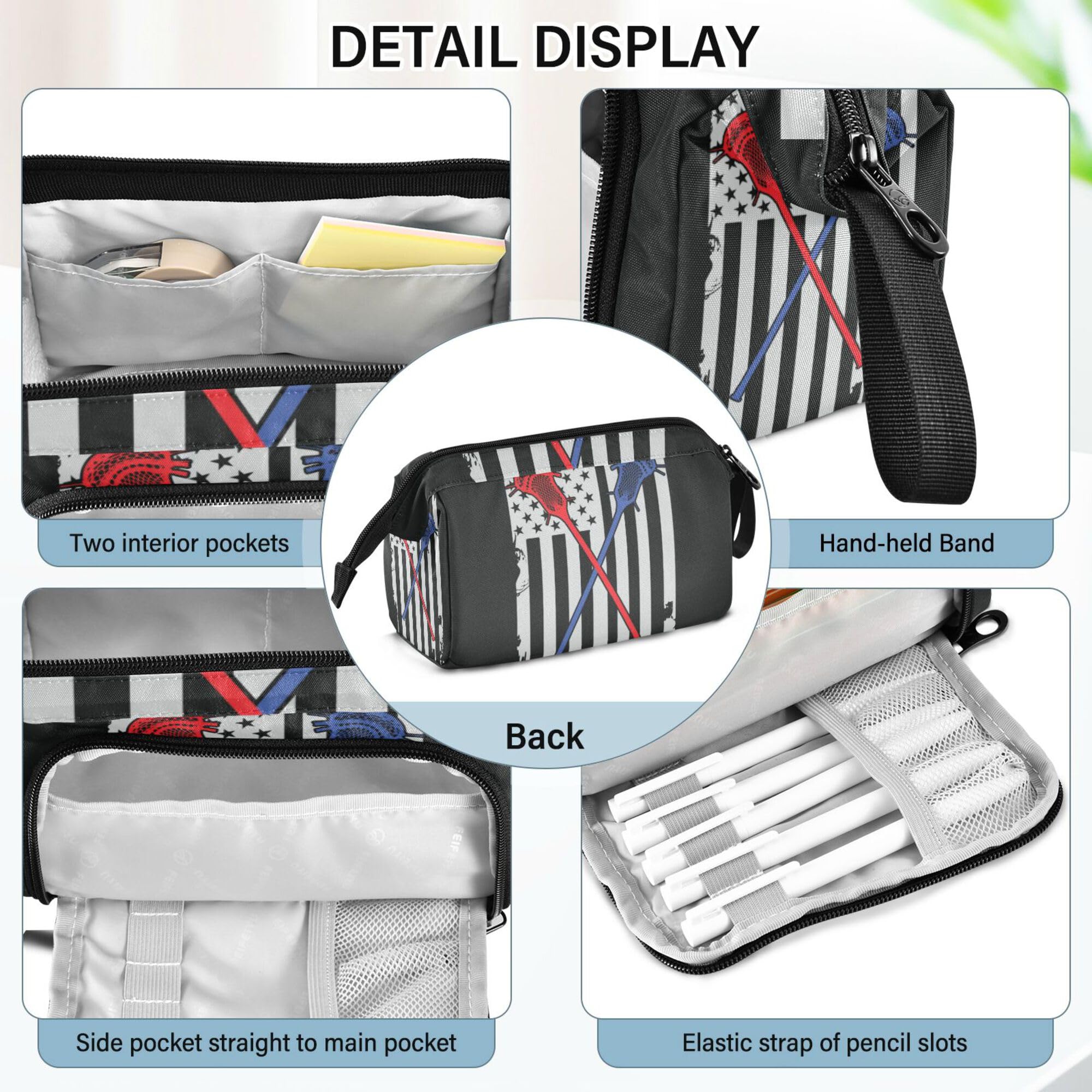 Glaphy American Flag with Lacrosse Hockey Pencil Case Large Capacity Pencil Pouch Bag Zipper Storage Stationery Bag for Office College School