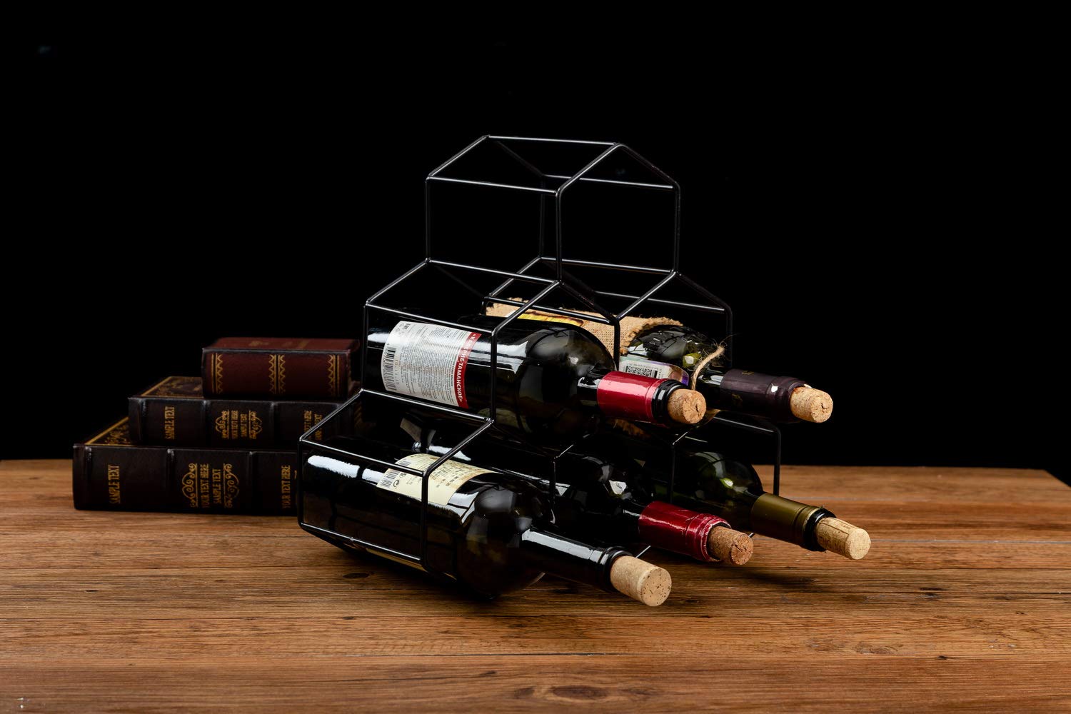 Asian Home Geometric Hexagon 6 Bottle Desktop Wine Rack Freestanding Countertop Bottle Holder for Wine Storage, Metal, Black