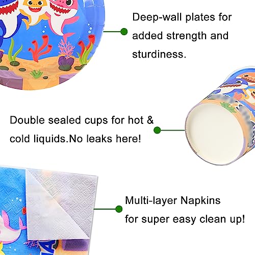 AOLDHYY 195 Pcs Shark Birthday Decorations, for 10 Guests, Shark Party Supplies, Including Birthday Banner, Blowing Dragon, Straw, Balloons, Tablecloth, Tableware, Gift Bag