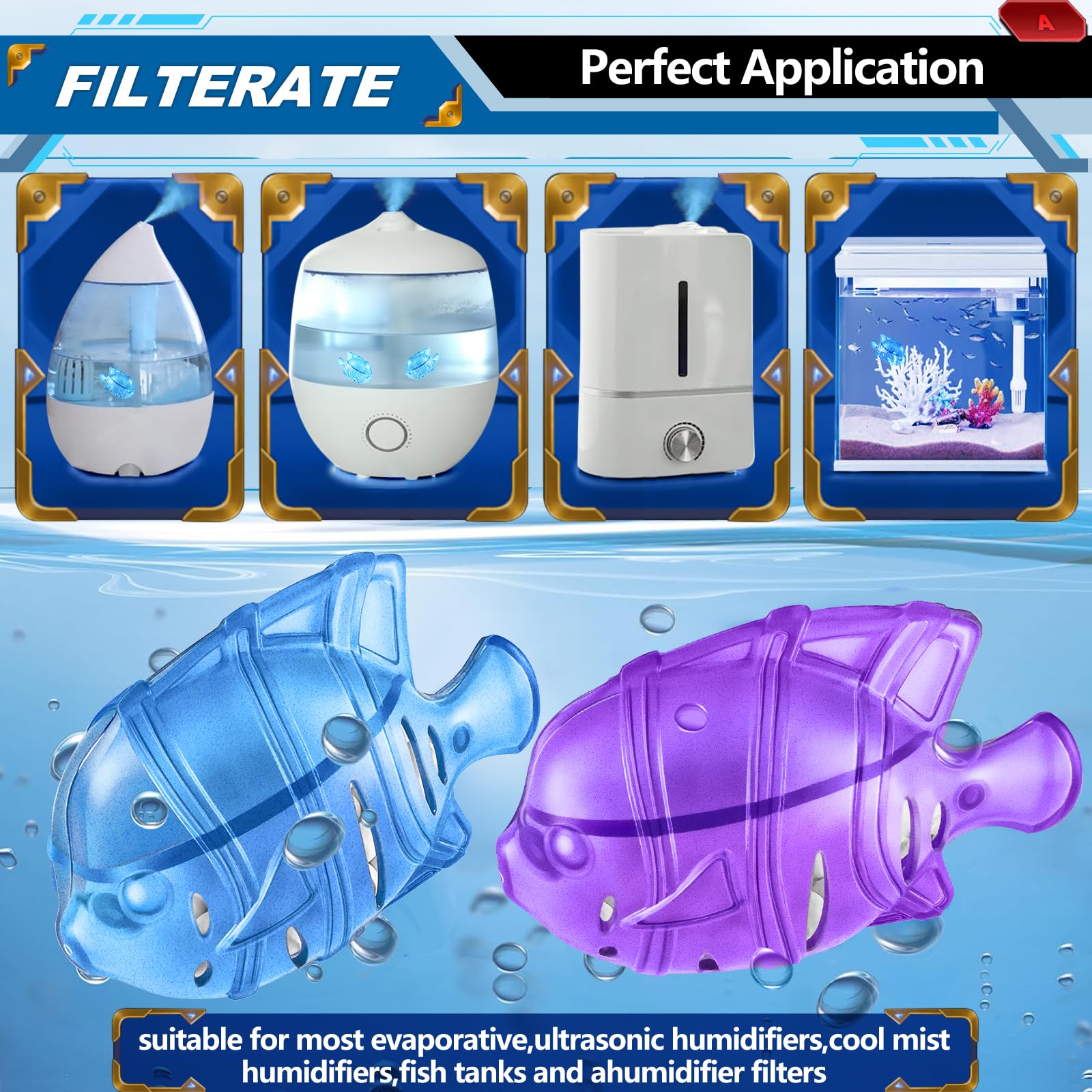 Aziliogcc 10Pack Fish Shape Universal Humidifier Tank Cleaner Filter, Warm & Cool Mist Humidifiers, Fish Tank,Compatible with Drop, Droplet, Adorable,1.57"" x2.5"" (5 Purple,5 Blue)