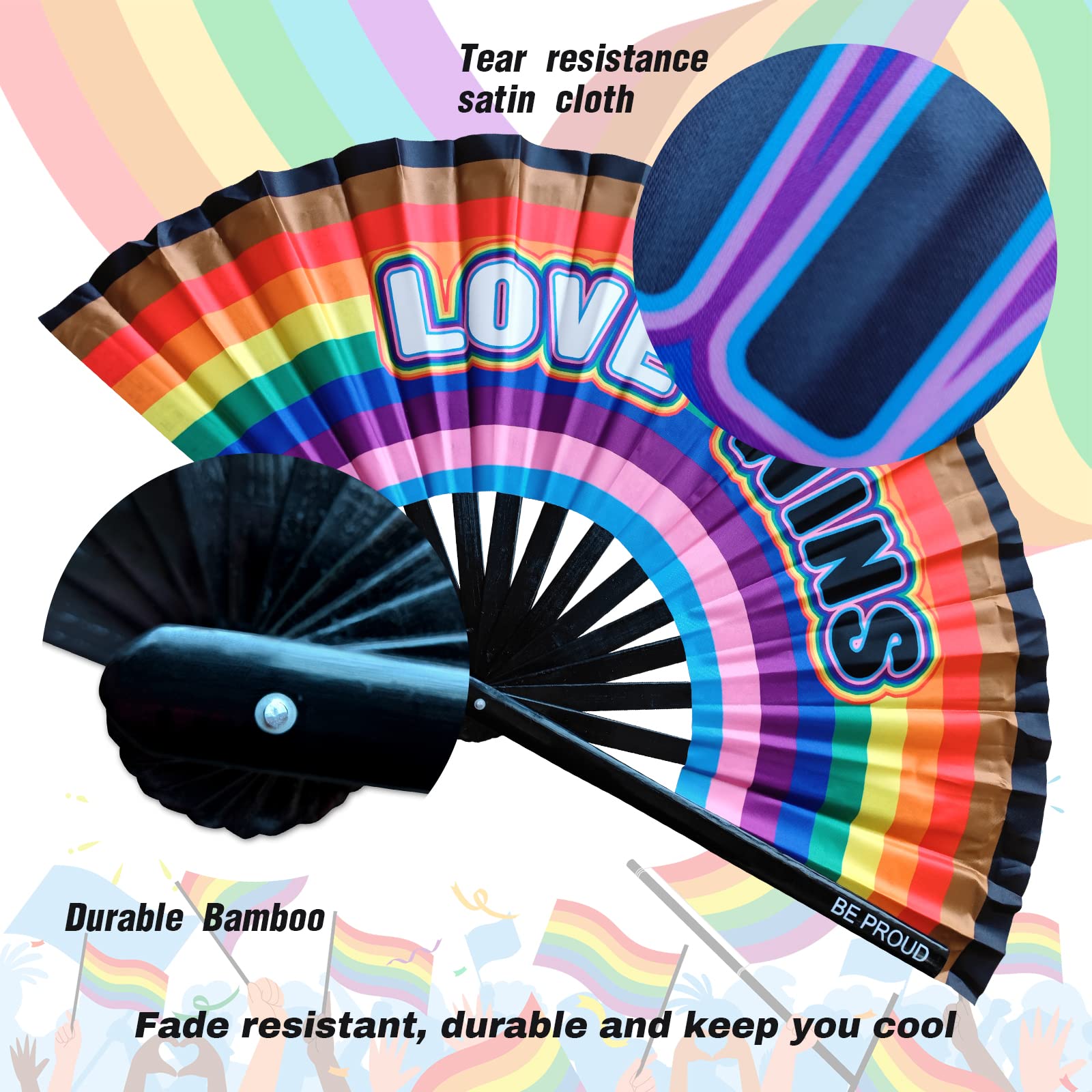 bmuvghi Rainbow Folding Fan Pride Hand Held Fan Gay Pride Stuff Large Clack Hand Fan Foldable Rave Fan for LGBTQIA+ Pride Parade Pride Accessories Stuff