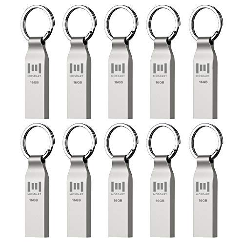 MOSDART Waterproof 16GB USB2.0 Flash Drive, FAT32 Metal Memory Stick with Keychain, for System Back, Data Storage, Silver(Pack of 10)