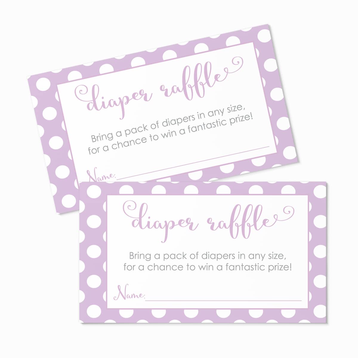 Paper Clever Party Purple Baby Shower Diaper Raffle Tickets (25 Pack) Girls Baby Shower Prize Games for Drawings - Invitation Insert Cards – Polka-Dot Theme Lilac and Grey - 2x3.5 Printed Set