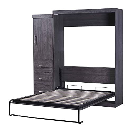 ATY Full Size Murphy Bed with Wardrobe and Drawers, Wood Storage Bedframe Can be Folded into a Cabinet, Bedroom Furniture, Save Space Design, No Box Spring Required, Gray