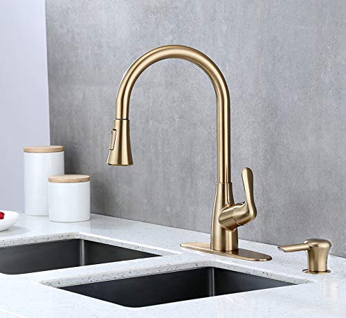Derengge Brushed Gold Kitchen Faucet Single Handle Pull-Down Kitchen Sink Faucet with Soap Dispenser and Deck Plate, Faucet for Farmhouse, Camper, Laundry, Rv, Bar,KF-058DS-CS