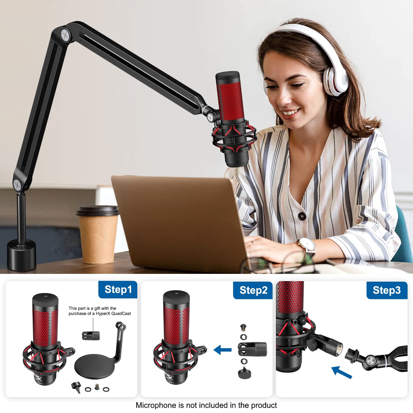 Aokeo Microphone Stand Desk Adjustable Compact Microphone Suspension Boom Scissor Arm Stand For Blue Yeti,Blue Snowball iCE, Professional Streaming, Voice-Over, Recording, Games
