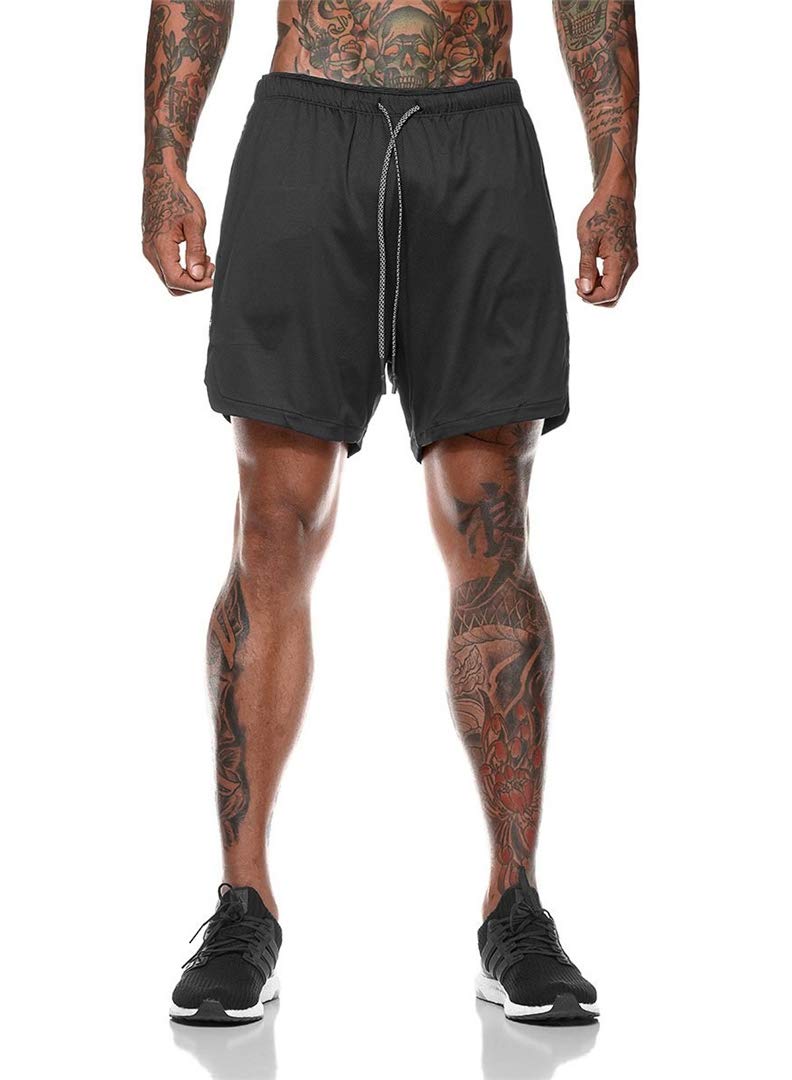 Akk Men's 2 in 1 Running Workout Training Yoga Gym Sport Zipper Phone Pockets Shorts, Black, Medium