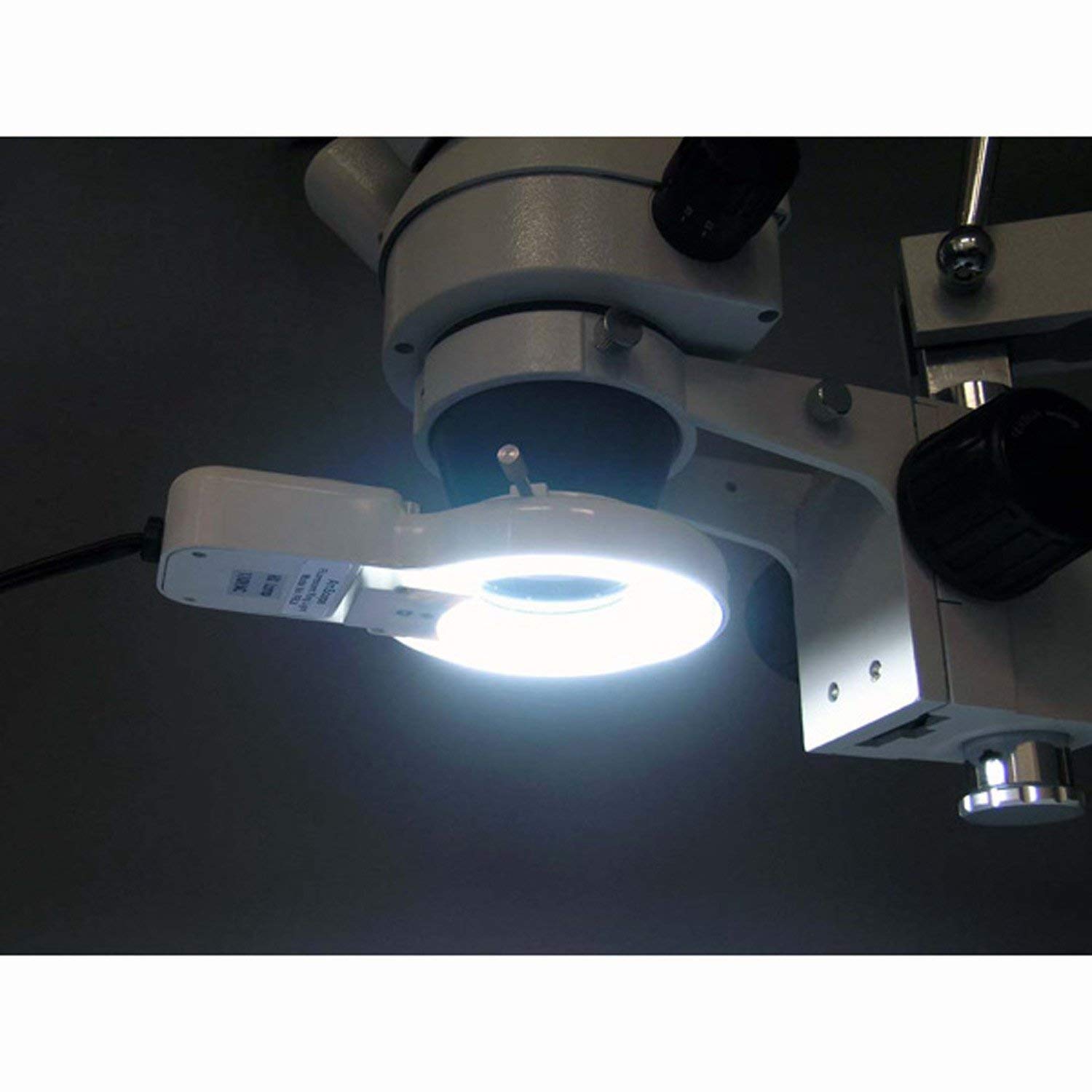 AmScope SM-4TPZ-FRL-3M Digital Professional Trinocular Stereo Zoom Microscope with Simultaneous Focus Control, WH10x Eyepieces, 3.5X-90X Magnification, 0.7X-4.5X Zoom Objective, 8W Fluorescent Ring Light, Double-Arm Boom Stand, 110V-120V, Includes 0.5X an