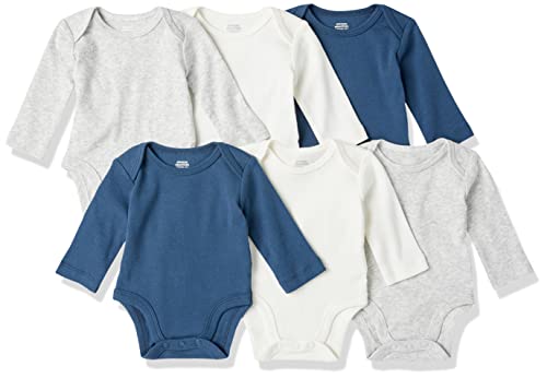 Amazon Essentials Unisex Babies' Long-Sleeve Bodysuits, Pack of 6, Navy/Grey Heather/White, 24 Months