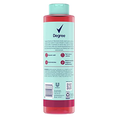 Degree Maximum Recovery Body Wash and Soak Post-Workout Recovery Skincare Routine Tart Cherry + Epsom Salt + Electrolytes Bath and Body Product 22 oz, Pack of 4
