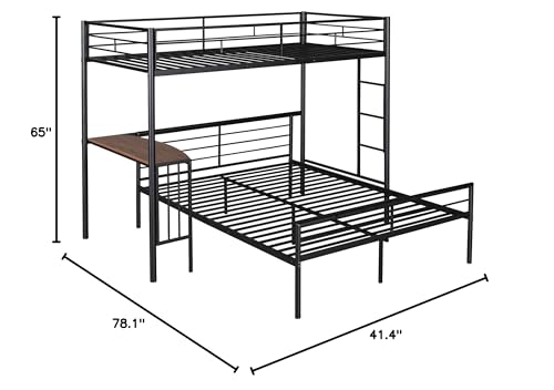 ATY Metal Bunk Beds Twin Over Full Size, L Shaped Steel Bedframe w/Desk & Built-in Ladder and Full-Length Guardrail, No Box Spring Needed, Black