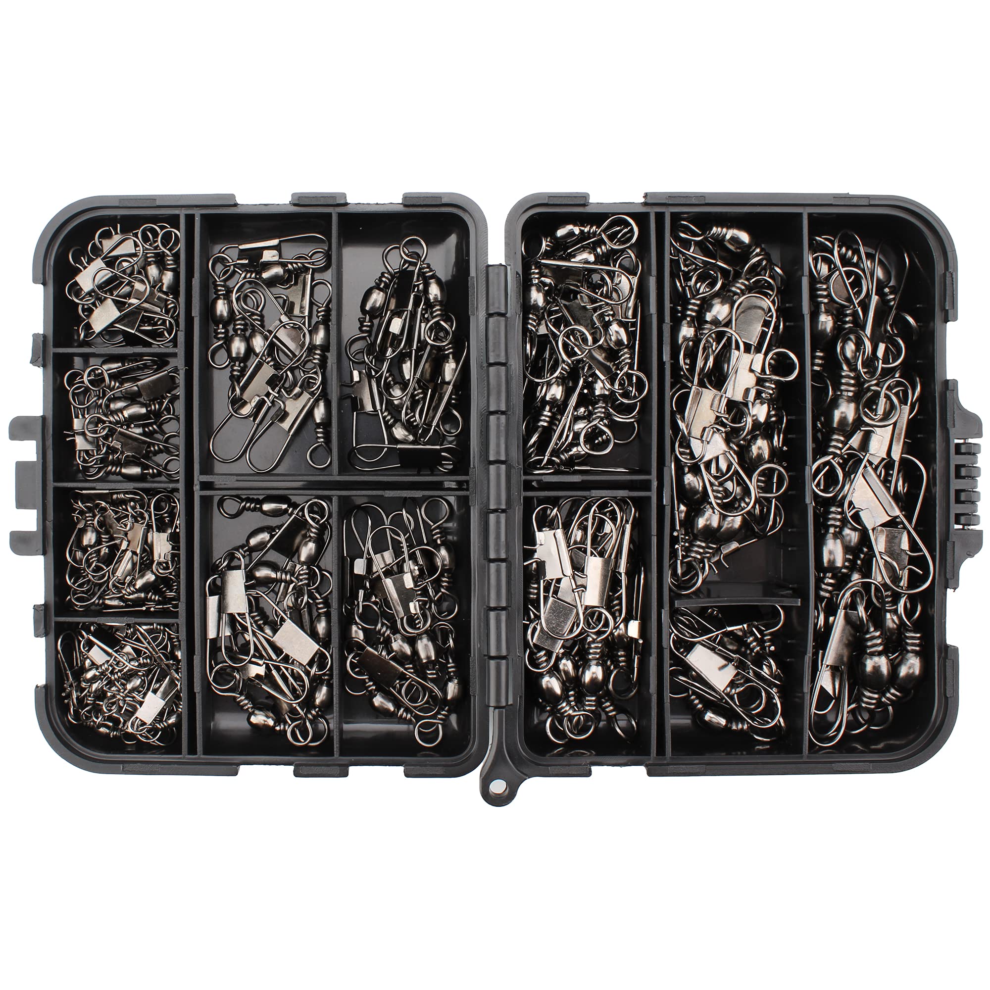 AOKIVIGOA 135pcs Barrel Fishing Swivel with Safety Snaps Connector Clips Tackle Box of Size 3/0 2/0 1/0 2 4 6 8 10 Style B