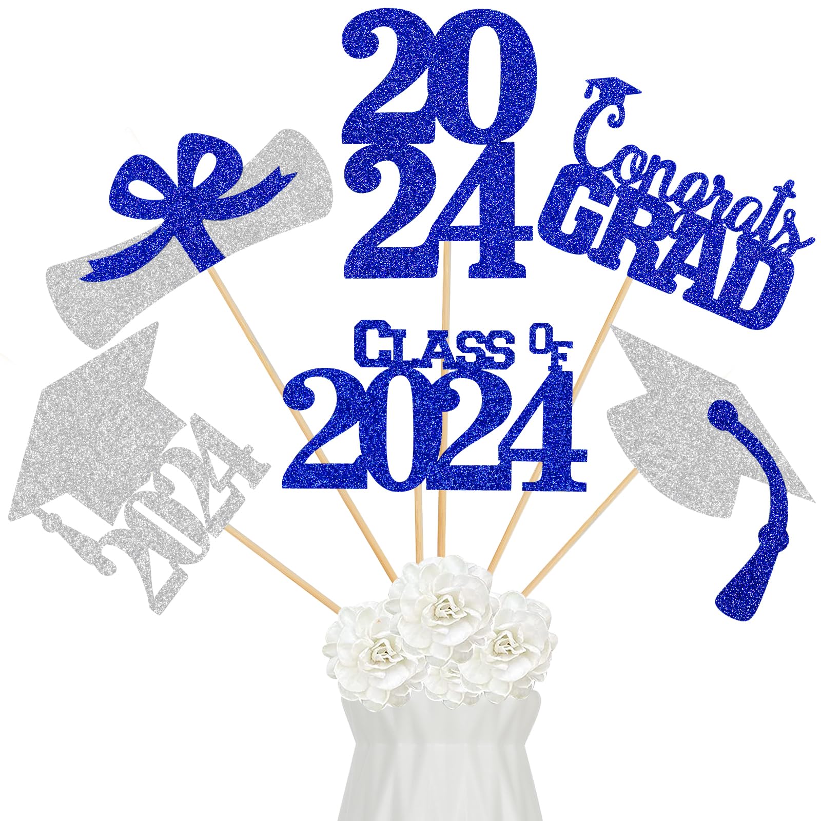 Blue and Silver 2024 Graduation Centerpiece Sticks Graduation Party Centerpieces for Tables 2024, Graduation Table Toppers 2024 Blue Class of 2024 Graduation Table Centerpieces Decorations - 24Pcs