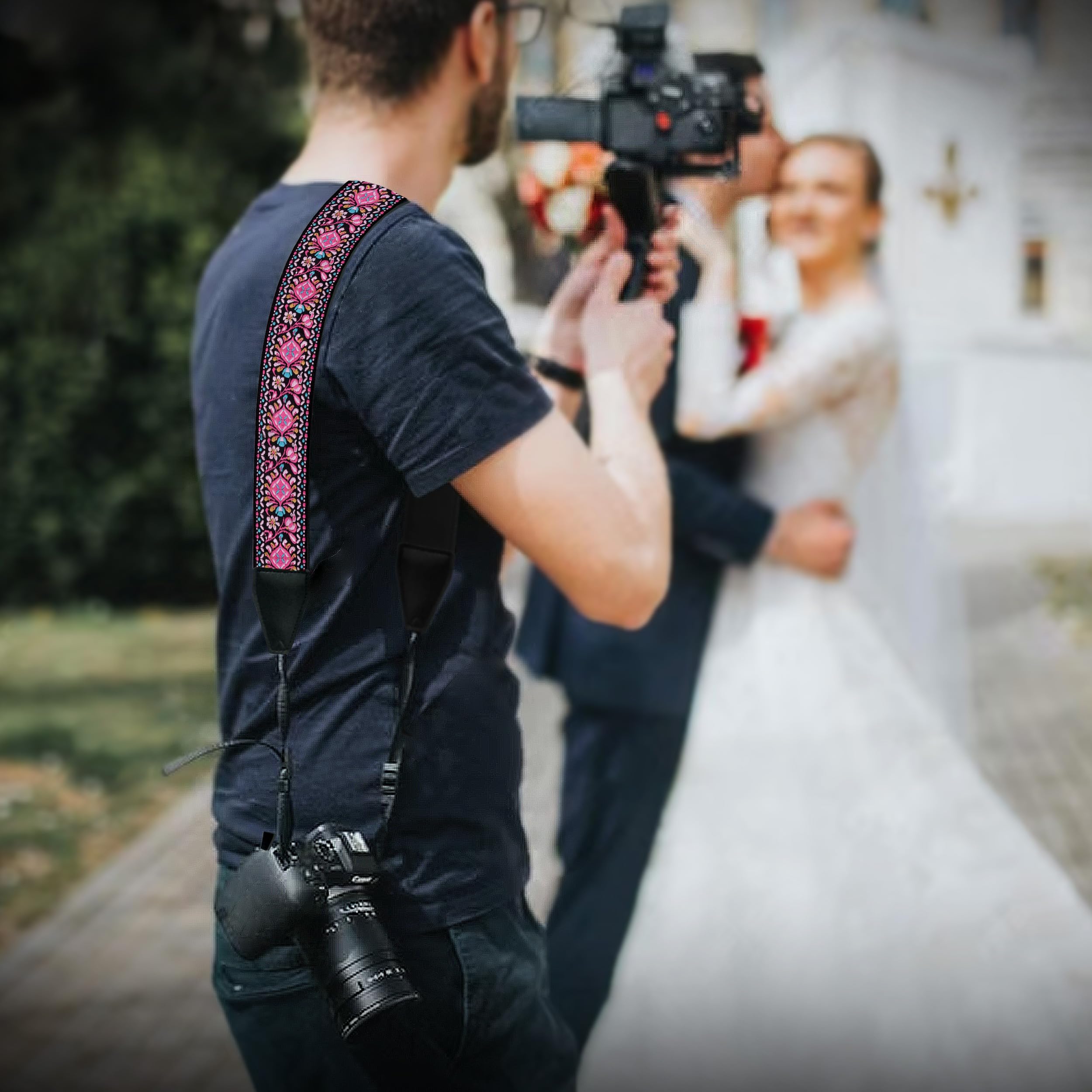 Art Tribute Pink Woven Camera Strap For All DSLR and SLR Camera, Embroidered Elegant Universal Neck & Shoulder Strap, BOHO Pattern. Best Gift for Photographers