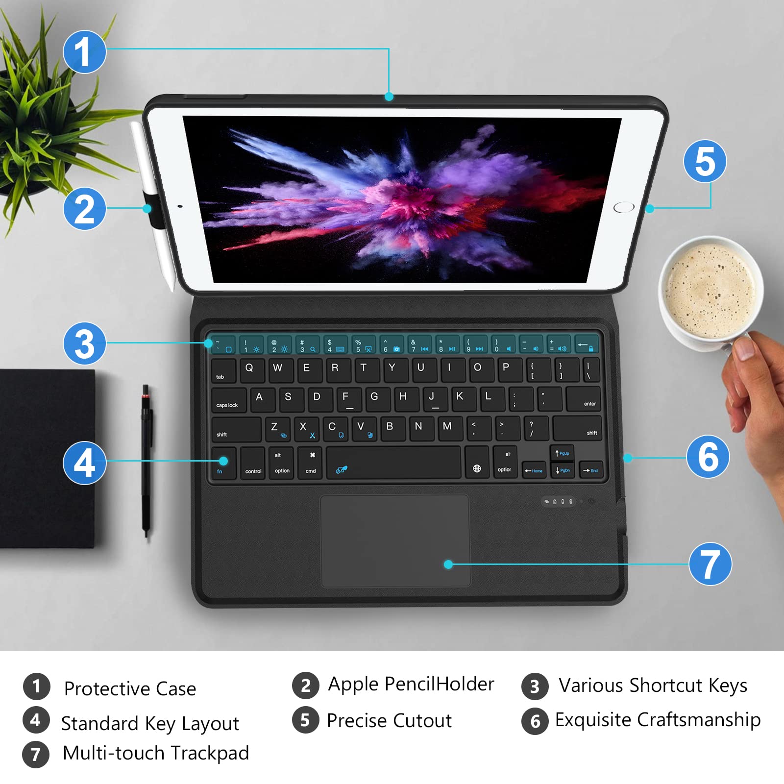 BJCGFVH6 Slim Keyboard Case for iPad 6th 5th Gen & iPad Air 2nd & for iPad Pro 9.7" 2016, Practical iPad Keyboard Case with Touchpad, Wireless Connector and Pencil Loop