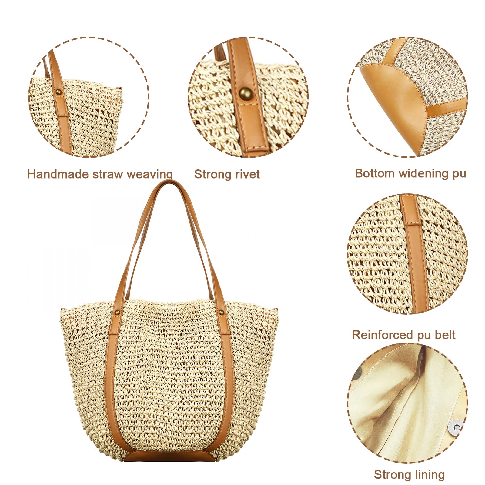 Gets Handmade Beach Bag for Women Straw Bag Handwoven Natural Summer Shoulder Bag (Beige)