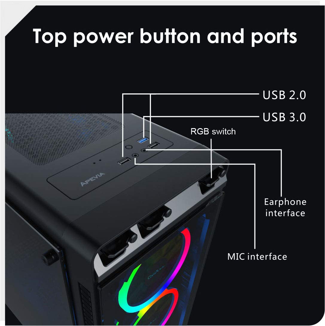Apevia Aura-S-BK Mid Tower Gaming Case with 2 x Full-Size Tempered Glass Panel, Top USB3.0/USB2.0/Audio Ports, 4 x RGB Fans, Black Frame