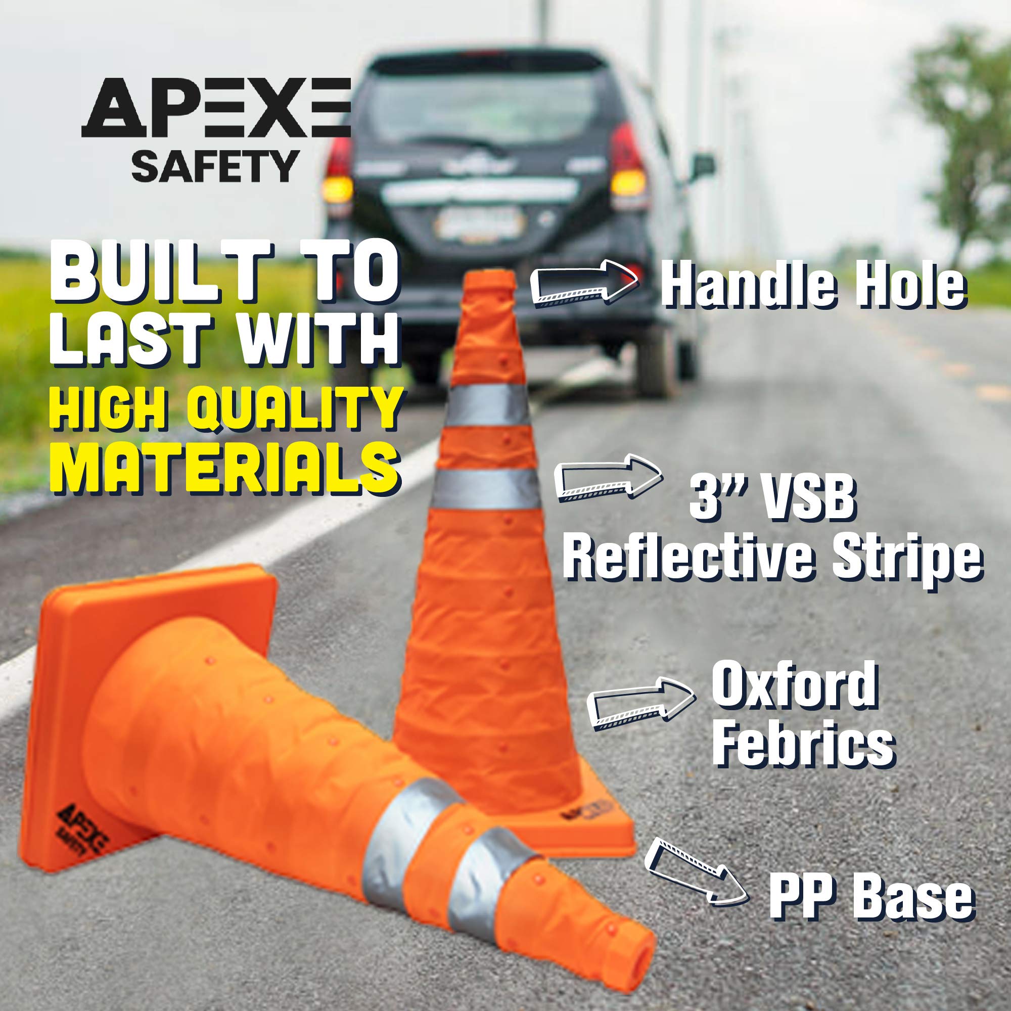 APEXE SAFETY Collapsible Traffic Cones, 19.5 Inch Pop Up Orange Cones, Construction Cones with 2 High-Intensity Grade Reflective Stripes, Waterproof Safety Cones with Durable Carrying Bag (4 Pack)
