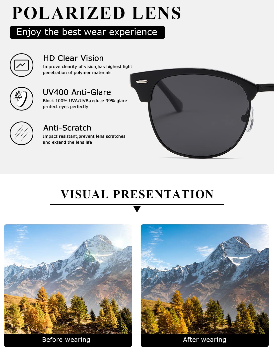 AEVOGUE Polarized Sunglasses For Women And Men Semi Rimless Frame Retro Sun Glasses AE0369 (All Black)