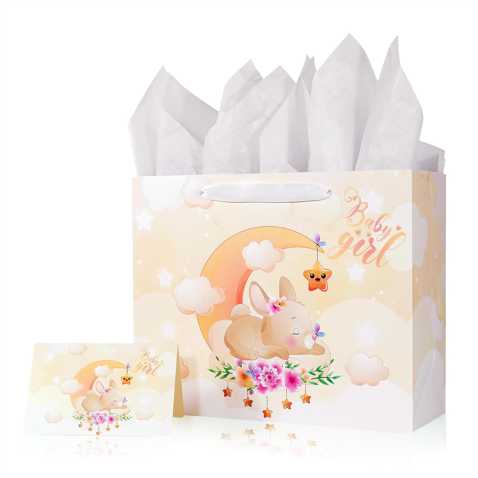 Baby Girl Gift Bag Set with Card and Tissue Papers, 12.6" Paper Bag with Handles for Baby Shower, Baby Girl Birthday, Newborn Party, New Parents