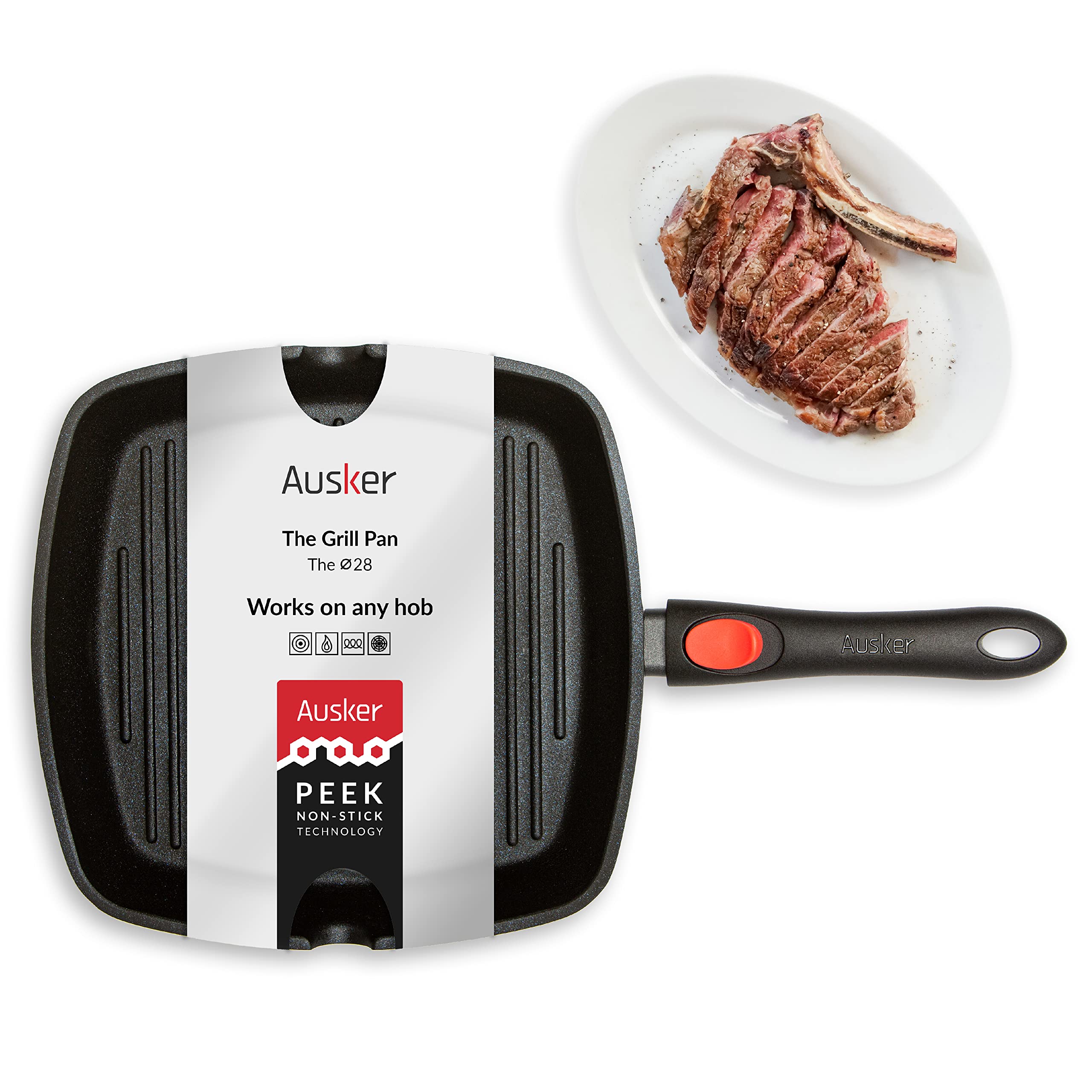 Ausker - Grill Pan, Non Stick for Perfectly Cooked Meat and Steak, Works on any Hob including Induction, Electric and Gas (28cm x 28cm)
