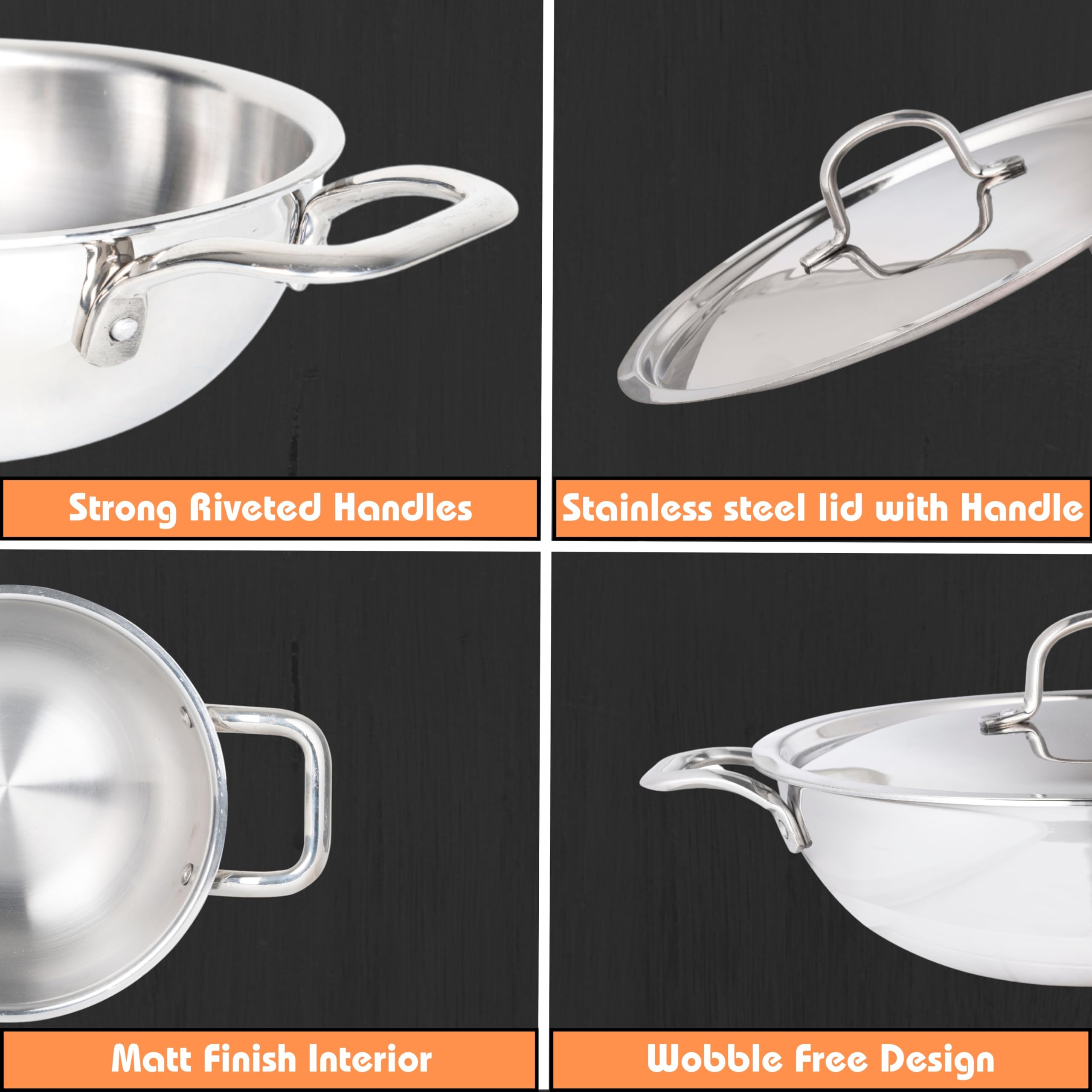 WG inc TRIPLY Stainless Steel Kadhai with Lid - Tri-Ply Wok Cookware - Sauces, Stews, Deep Frying Saute Pan Induction Friendly - Dishwasher Safe (9.5" Dia) (2.5 QT / 2.4 Litres)