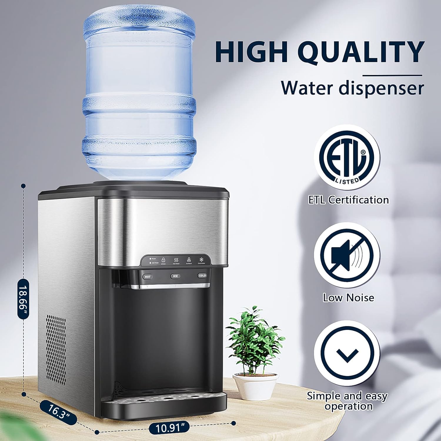 Antarctic Star 3-in-1 Water Cooler Dispense, Built-in Ice Maker, 3 Temperature Settings - Hot, Cold & Ice Holds 3-5 Gallon Bottles for Home, Kitchen,School, Office, ETL(Stainless Steel)