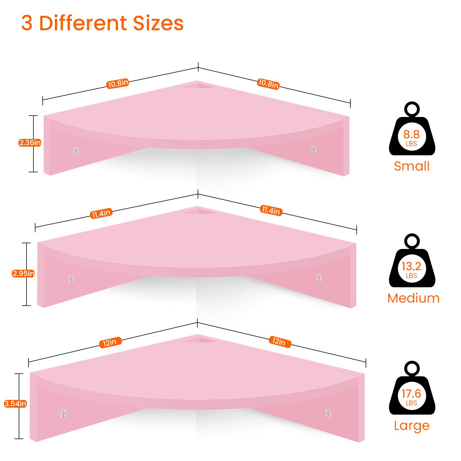 Homode Corner Shelf Wall Mount, Set of 3 Corner Floating Shelves with Cable Hole, 3 Tier Wood Corner Hanging Shelves, Living Room Bedroom Bathroom, Pink