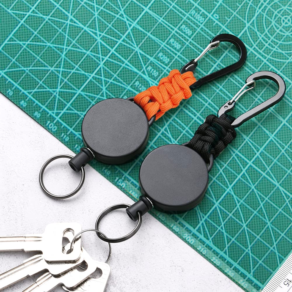 AOMIG 2 Pack Retractable Keychain, Heavy Duty Retractable Badge Holder Reel, Retractable ID Badge Clip Reel with Steel Cable and Carabiner Clip, Badge Reel Carabiner Key Chain(Black&Orange)