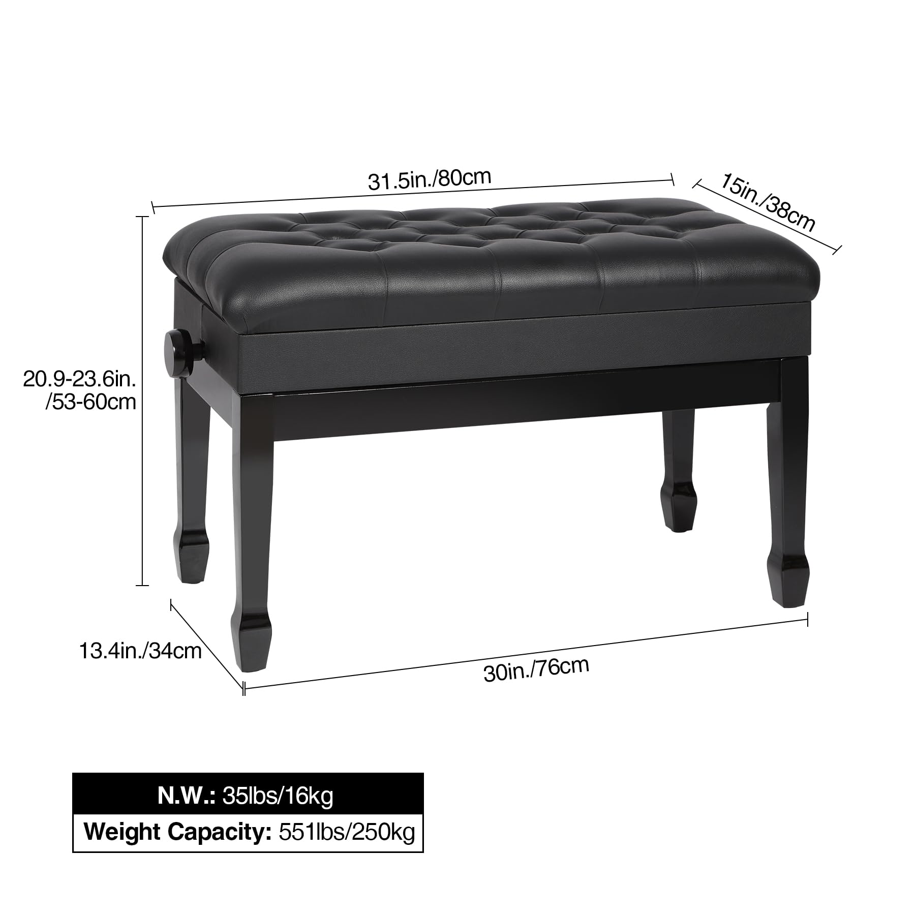 AKVOMBI Adjustable Duet Piano Bench with Storage, Heavy Duty Double Piano Benches with Leather Cushion, Black Piano Bench for Adults, 13.8" D x 31.5" W x 19.3" H