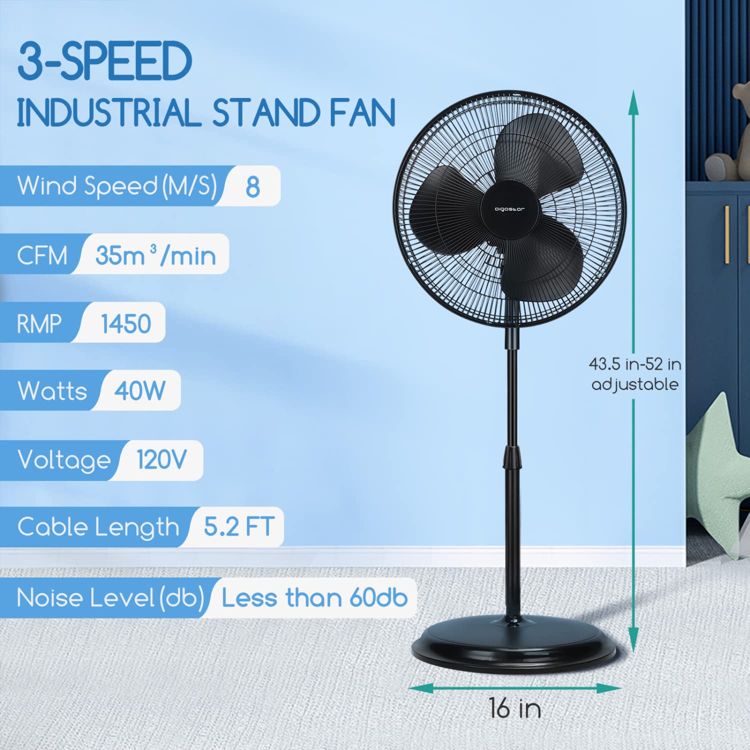 Aigostar 16'' Standing Fan with 3 Adjustable Speed, High Energy Efficiency Quiet Pedestal Fan Oscillating Fan, Adjustable Height Room Fan for Bedroom, Indoor, Home & Office, Compact Design, Black